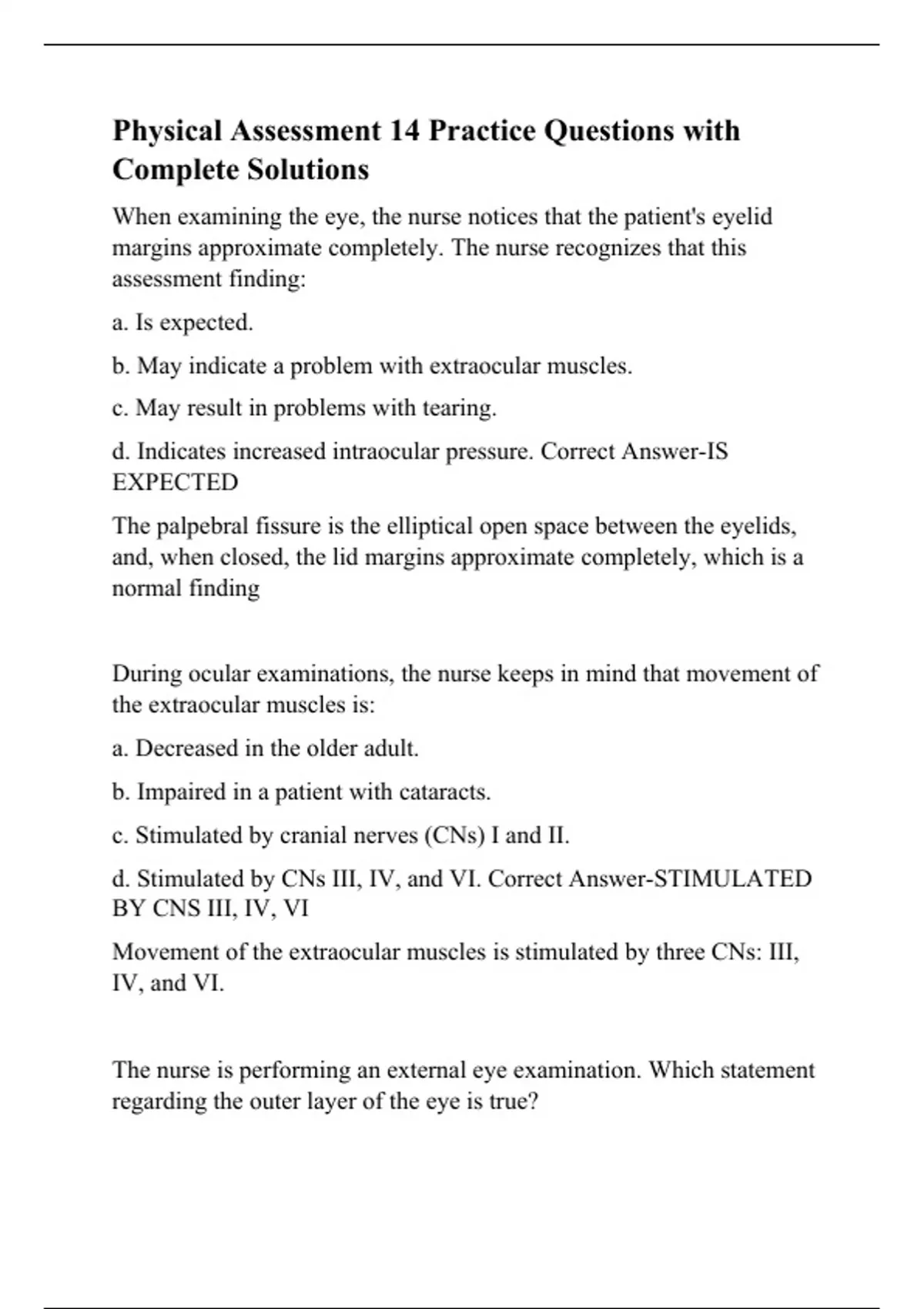 Physical Assessment 14 Practice Questions with Complete Solutions ...