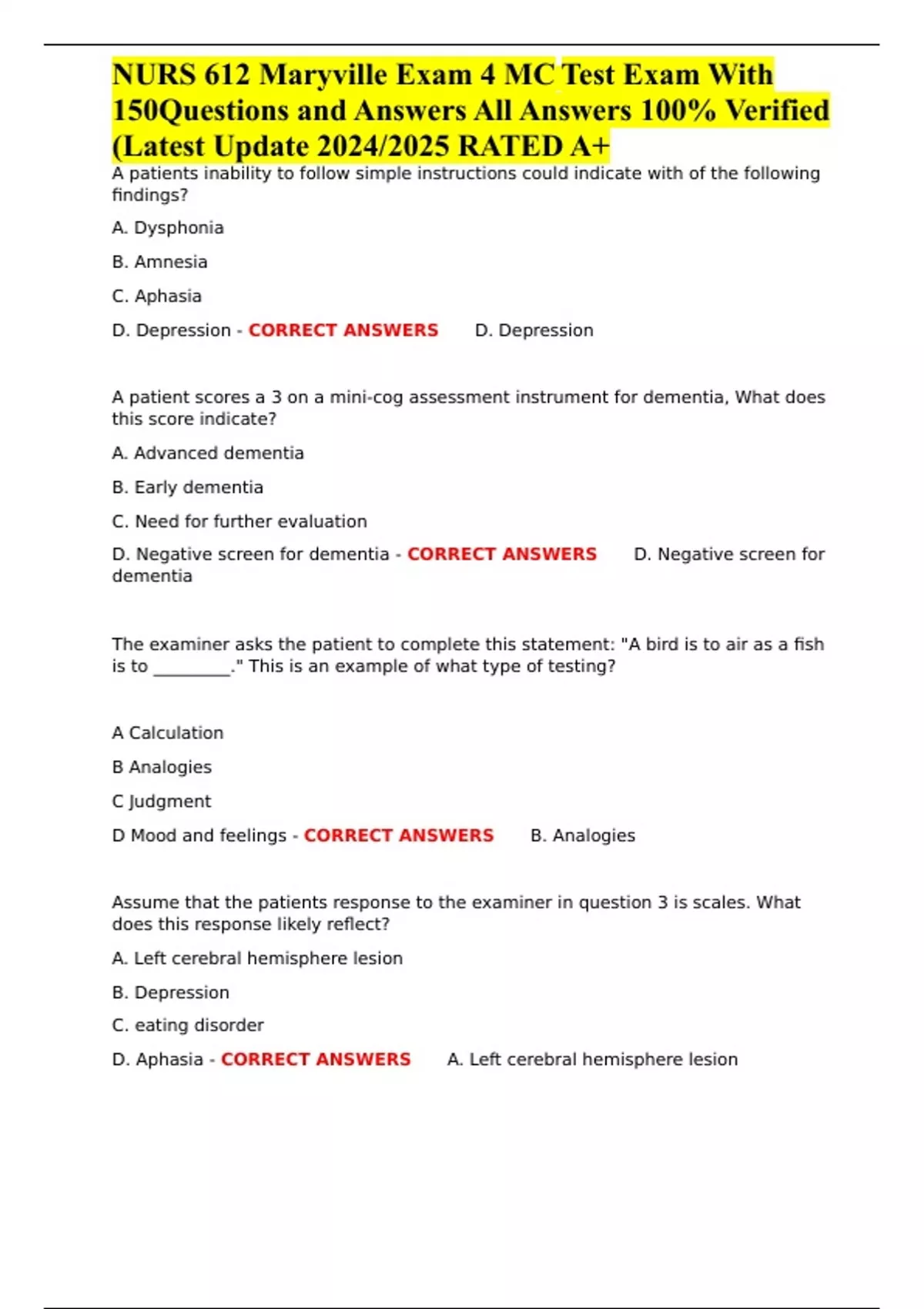 NURS 612 Maryville Exam 4 MC Test Exam With 150Questions and Answers ...