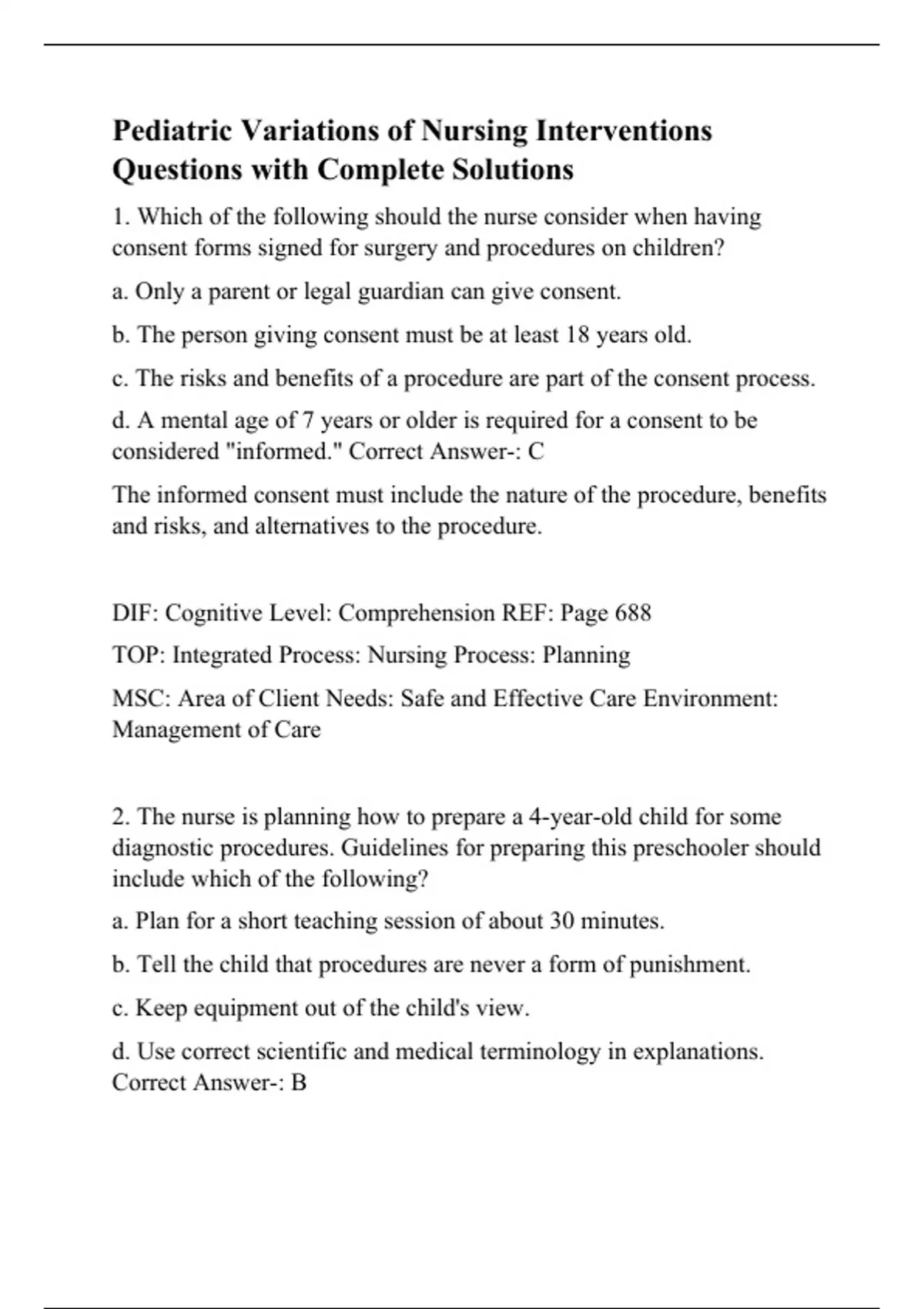 Pediatric Variations of Nursing Interventions Questions with Complete ...
