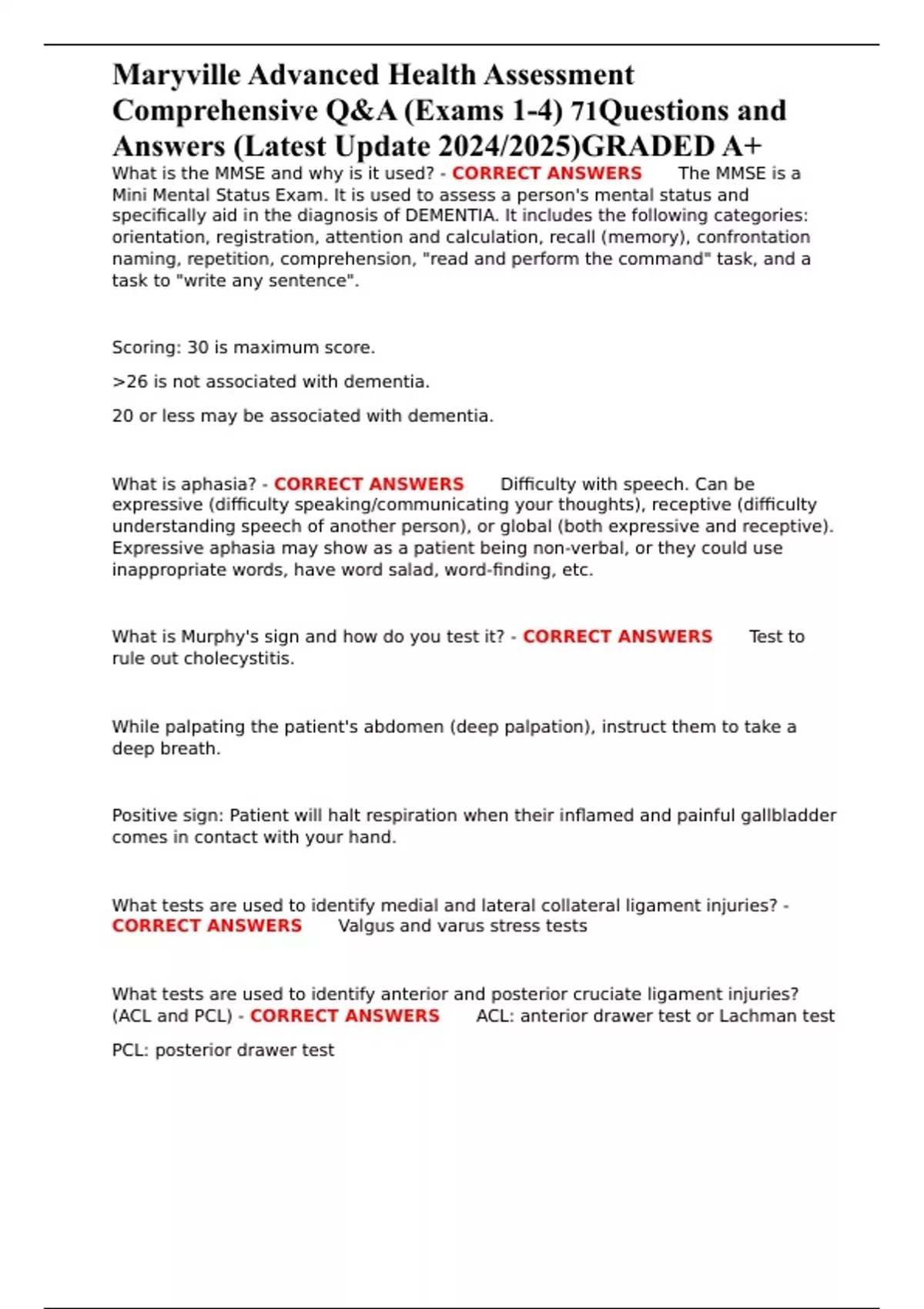 Maryville Advanced Health Assessment Comprehensive Q&A (Exams 1-4 ...