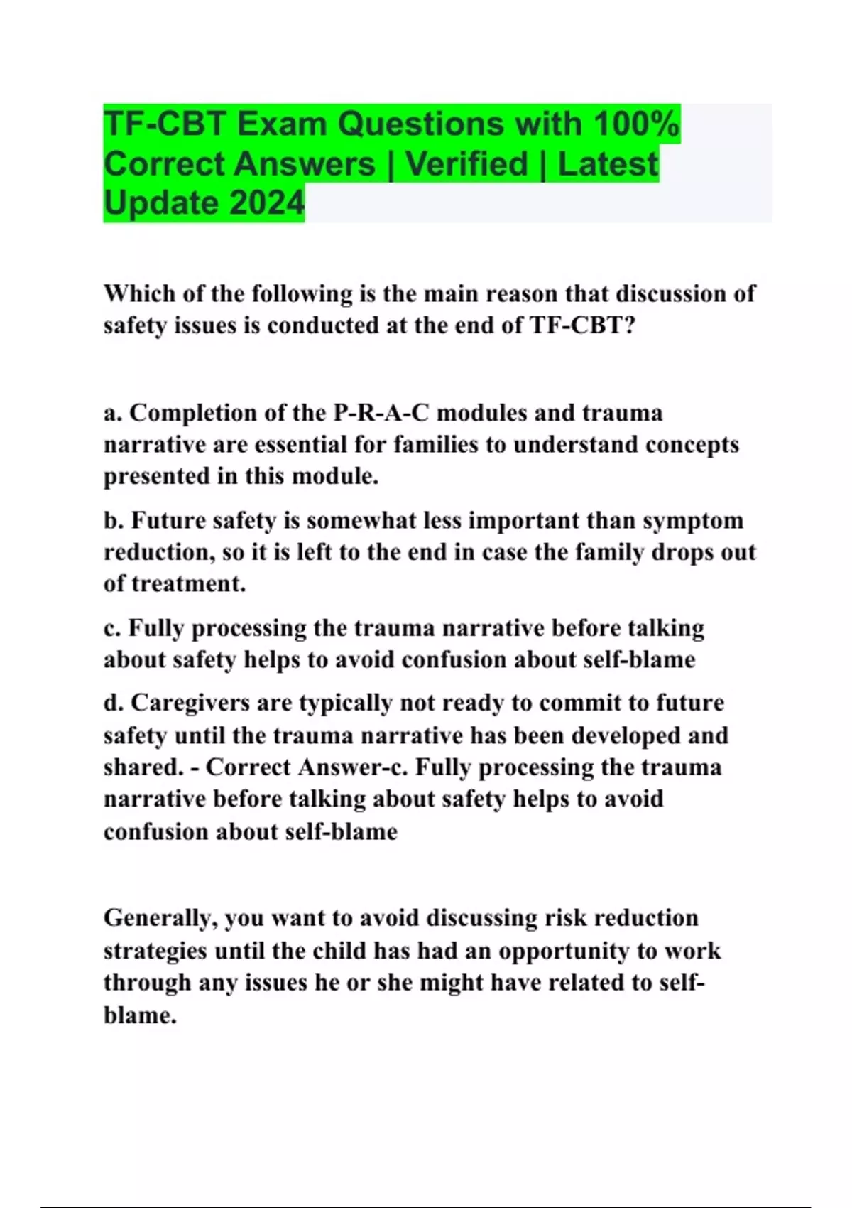 TF-CBT Exam Questions with 100% Correct Answers | Verified | Latest ...