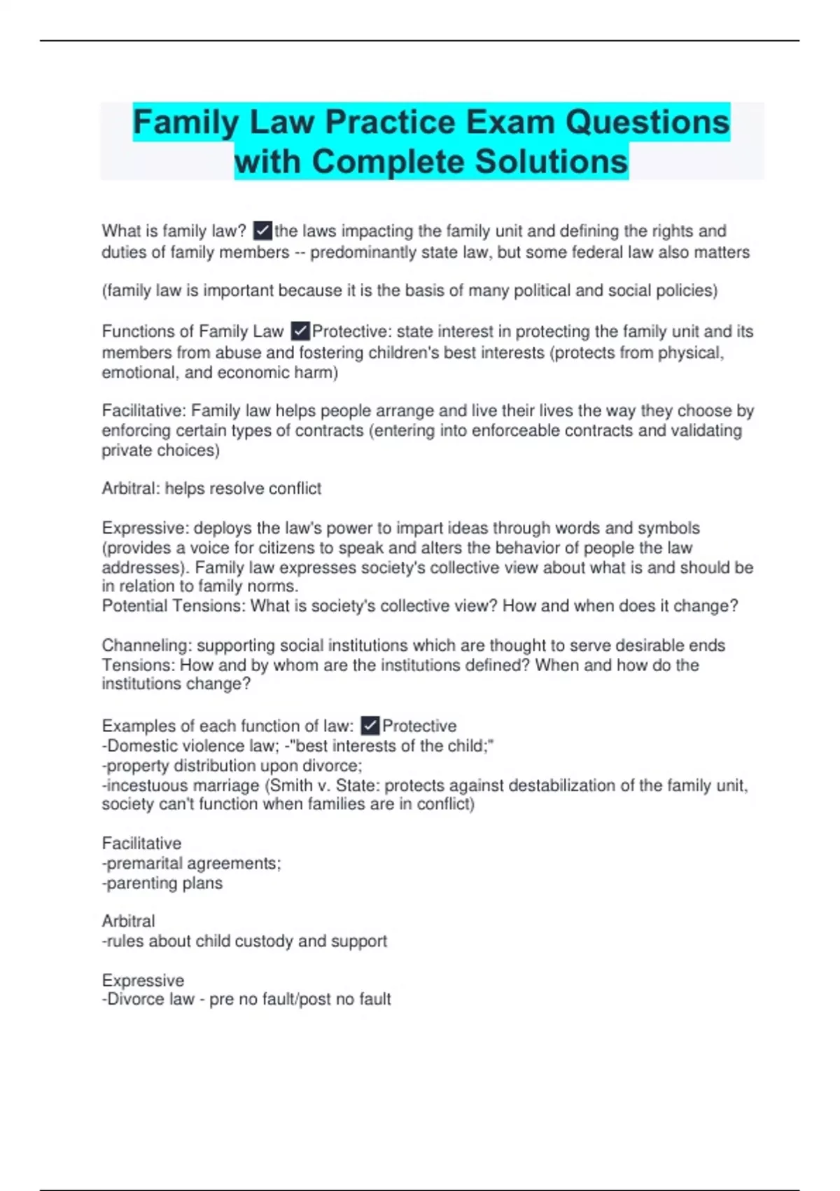 Family Law Practice Exam Questions with Complete Solutions - Family Law ...