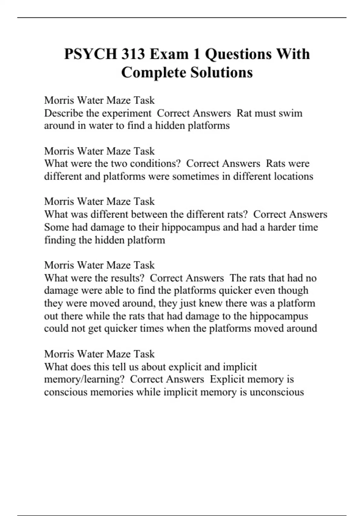 PSYCH 313 Exam 1 Questions With Complete Solutions - PSYCH 313 - Stuvia US