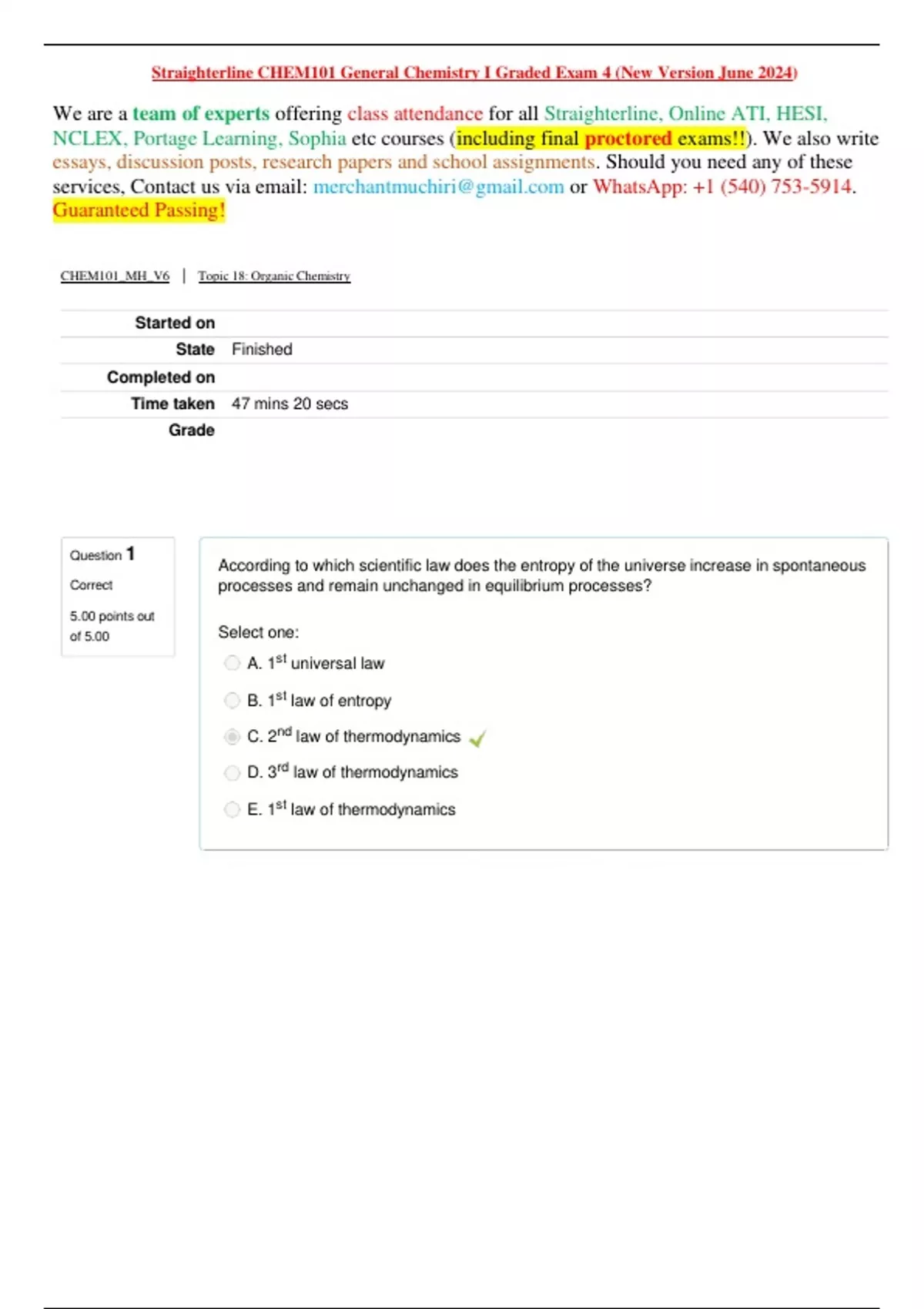 Straighterline CHEM101 General Chemistry I Graded Exam 4 (New Version ...