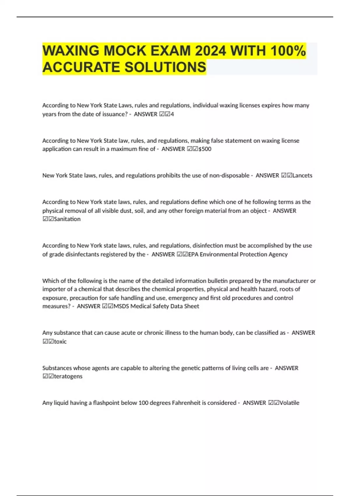 WAXING MOCK EXAM 2024 WITH 100% ACCURATE SOLUTIONS - WAXING - Stuvia US