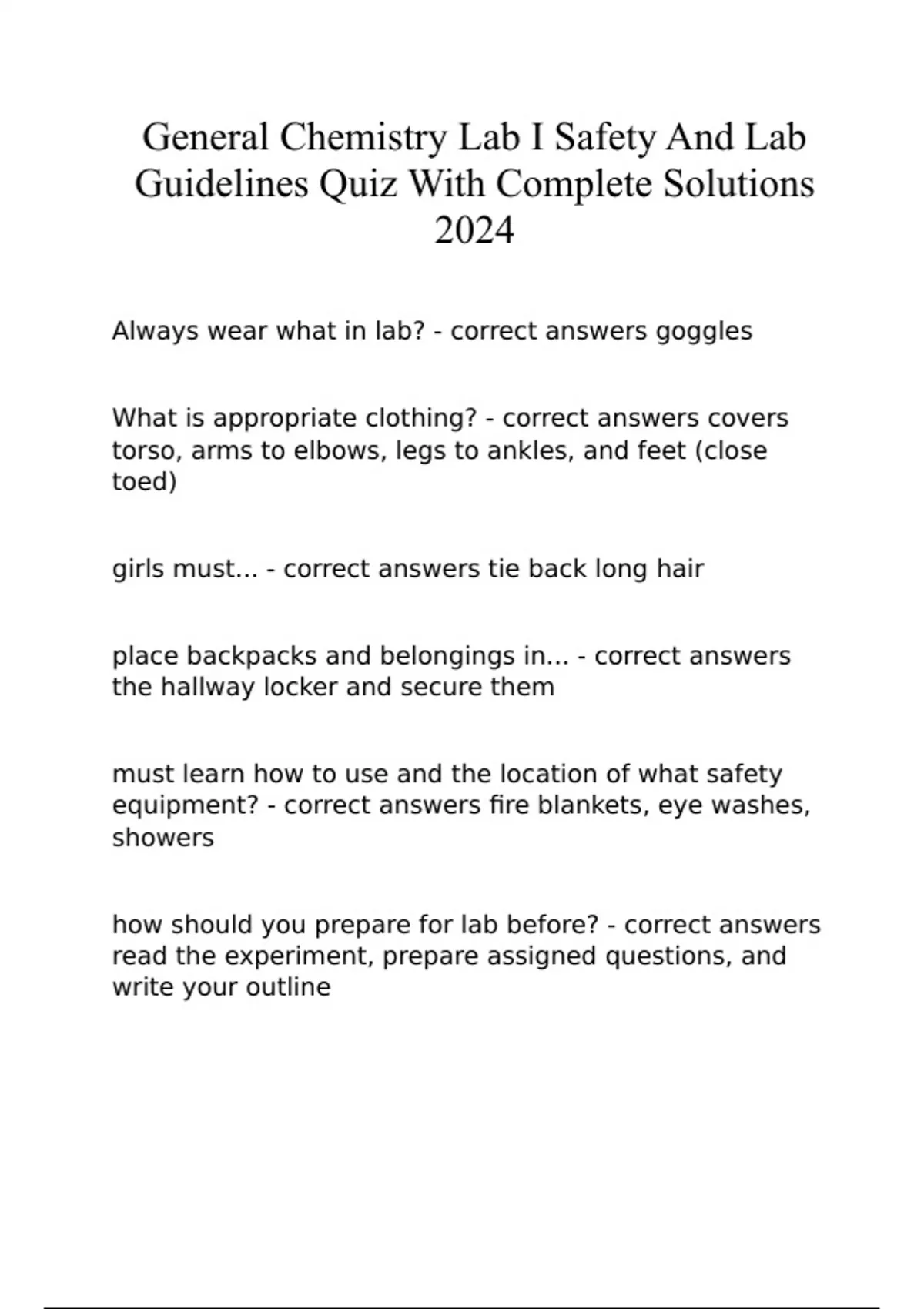 General Chemistry Lab I Safety And Lab Guidelines Quiz With Complete ...