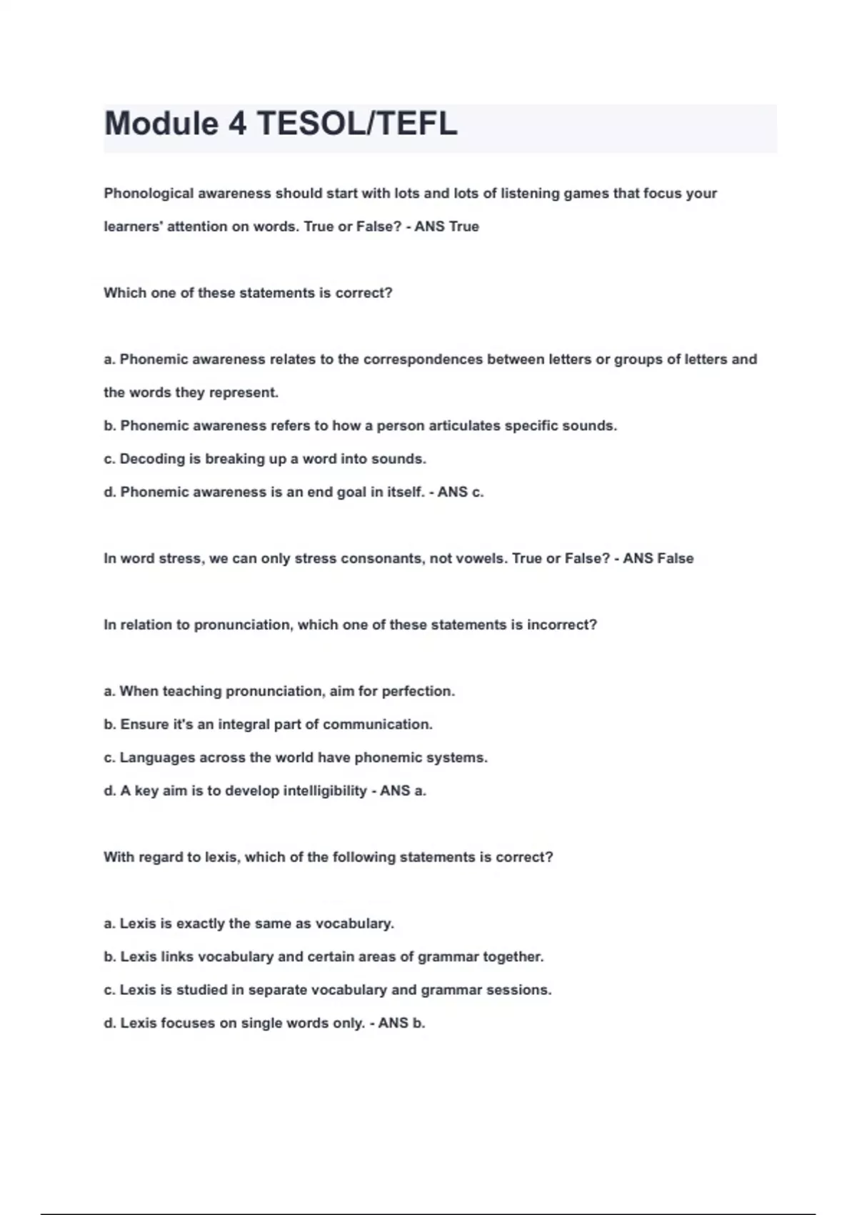 Module 4 TESOL/TEFL Questions & Answers 2024 ( A+ GRADED 100% VERIFIED ...