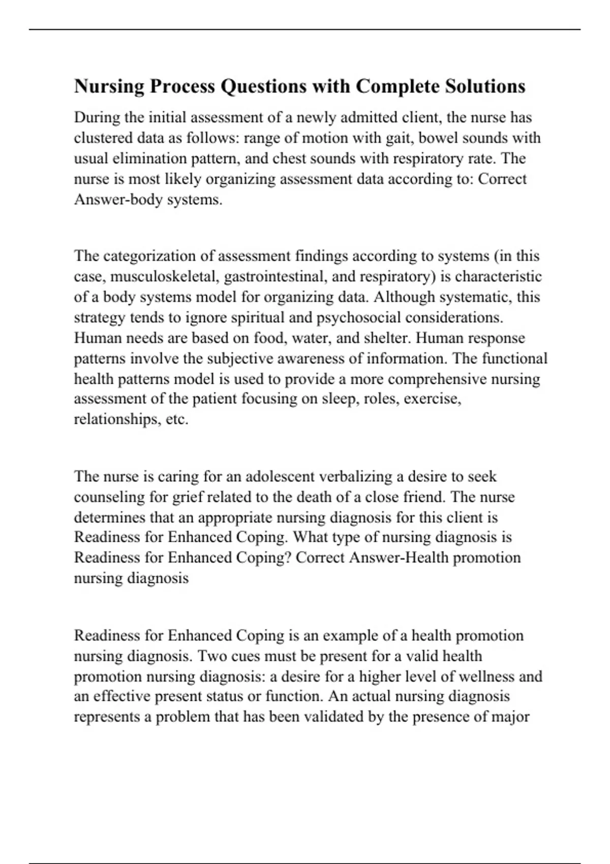 Nursing Process Questions with Complete Solutions - Nursing Process - Stuvia US