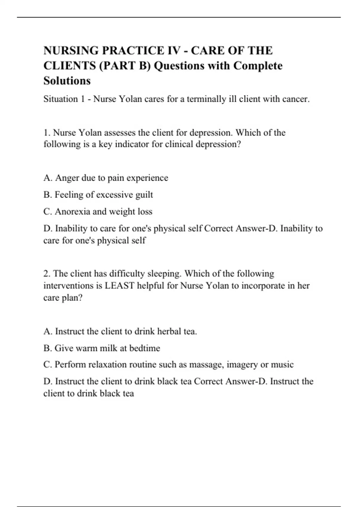 NURSING PRACTICE IV - CARE OF THE CLIENTS (PART B) Questions with ...
