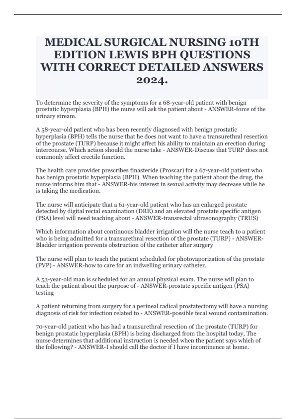 MEDICAL SURGICAL NURSING 10TH EDITION LEWIS BPH QUESTIONS WITH CORRECT ...