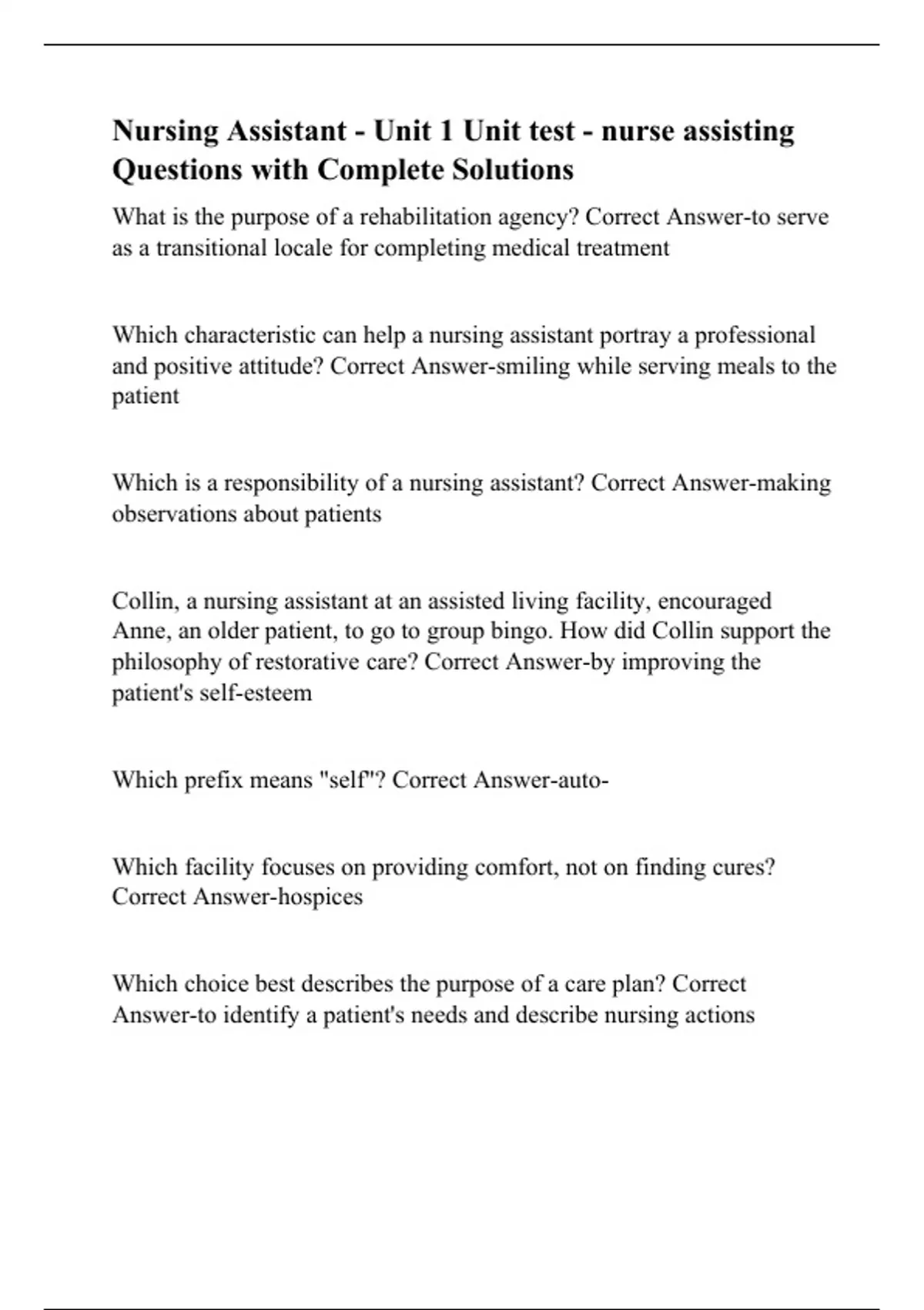 Nursing Assistant - Unit 1 Unit test - nurse assisting Questions with ...