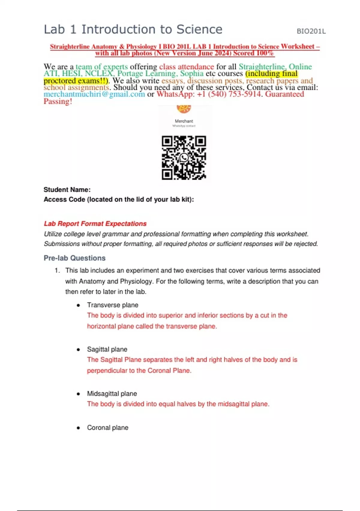 Straighterline Anatomy & Physiology I BIO 201L LAB 1 Introduction to ...