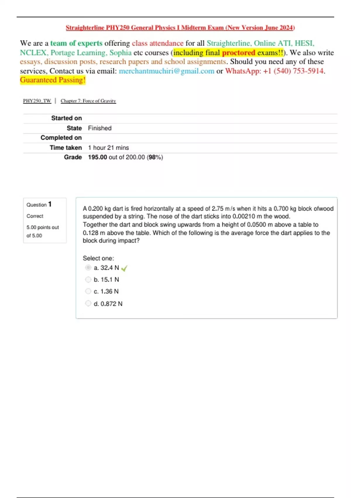 Straighterline PHY250 General Physics I Midterm Exam (New Version June 2024) - Straighterline ...