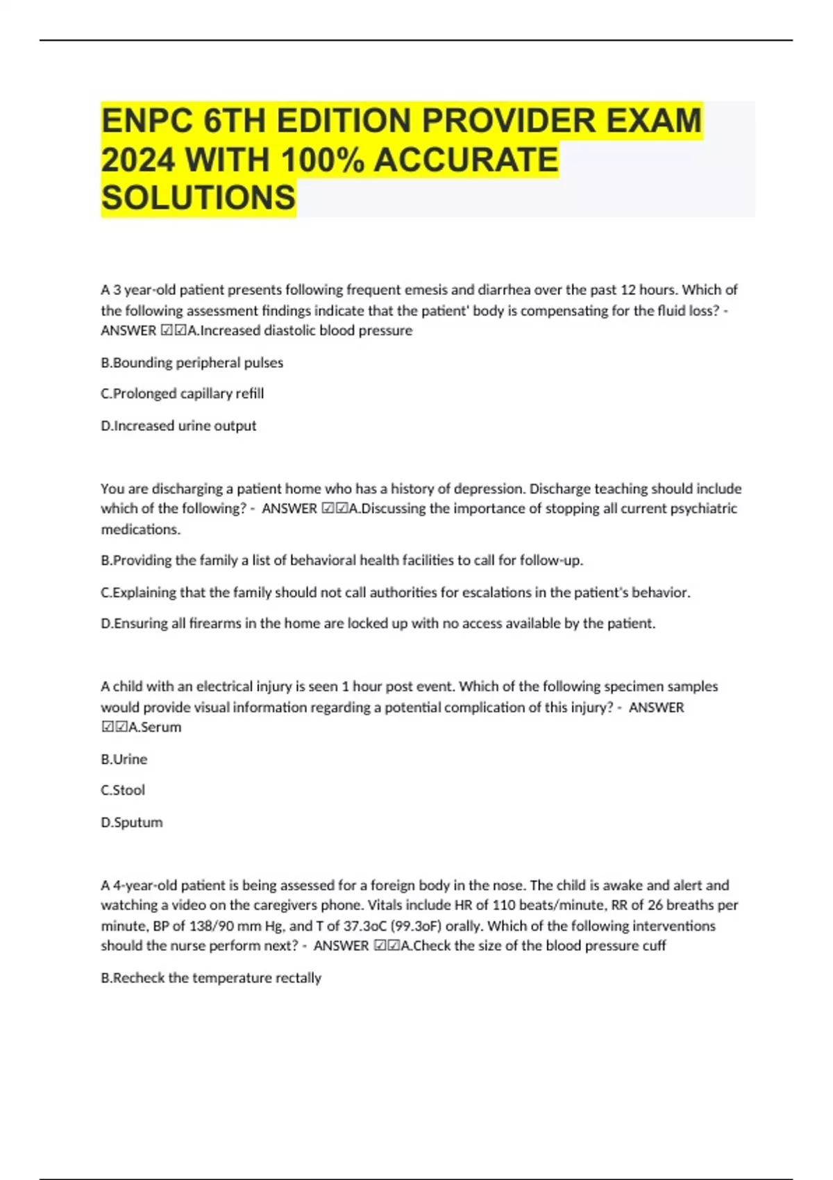 ENPC 6TH EDITION PROVIDER EXAM 2024 WITH 100% ACCURATE SOLUTIONS - ENPC ...