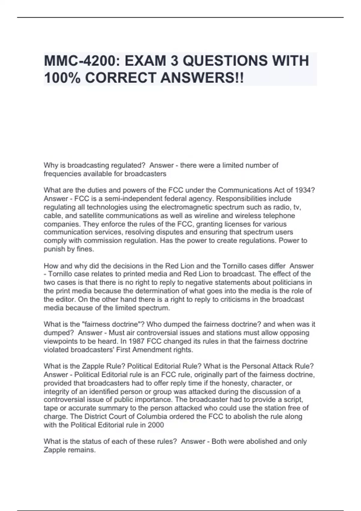 MMC-4200: EXAM 3 QUESTIONS WITH 100% CORRECT ANSWERS!! - MMC-4200 ...