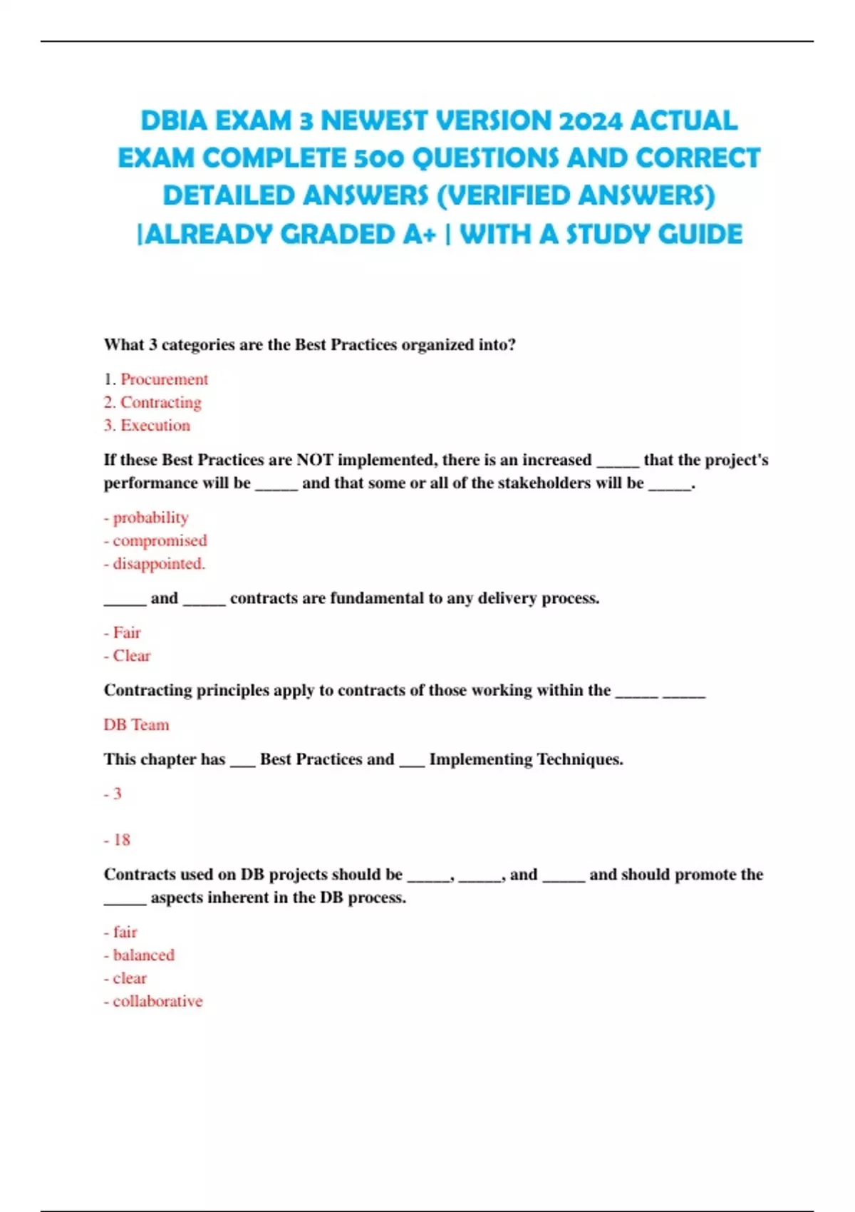 DBIA EXAM 3 NEWEST VERSION 2026 ACTUAL EXAM COMPLETE 500 QUESTIONS AND ...
