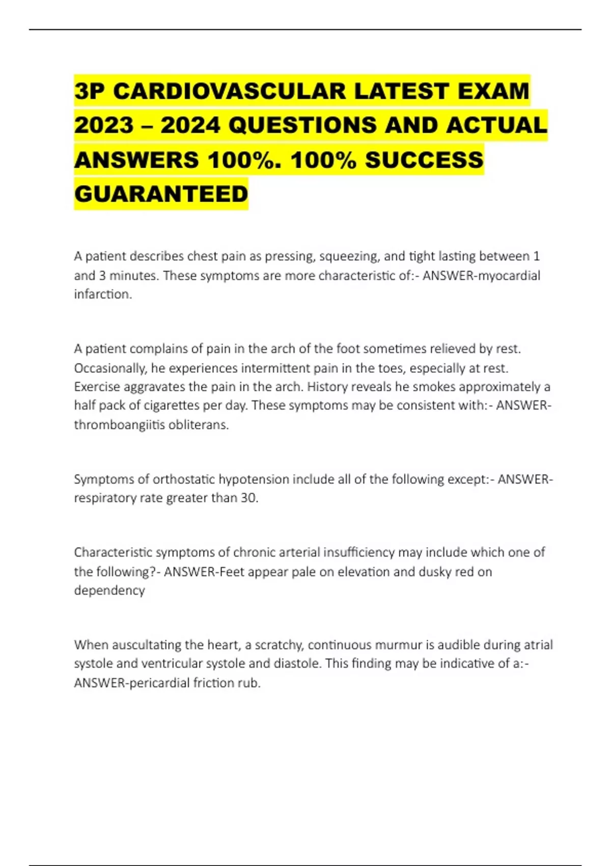 3P CARDIOVASCULAR LATEST EXAM 2023 – 2024 QUESTIONS AND ACTUAL ANSWERS ...