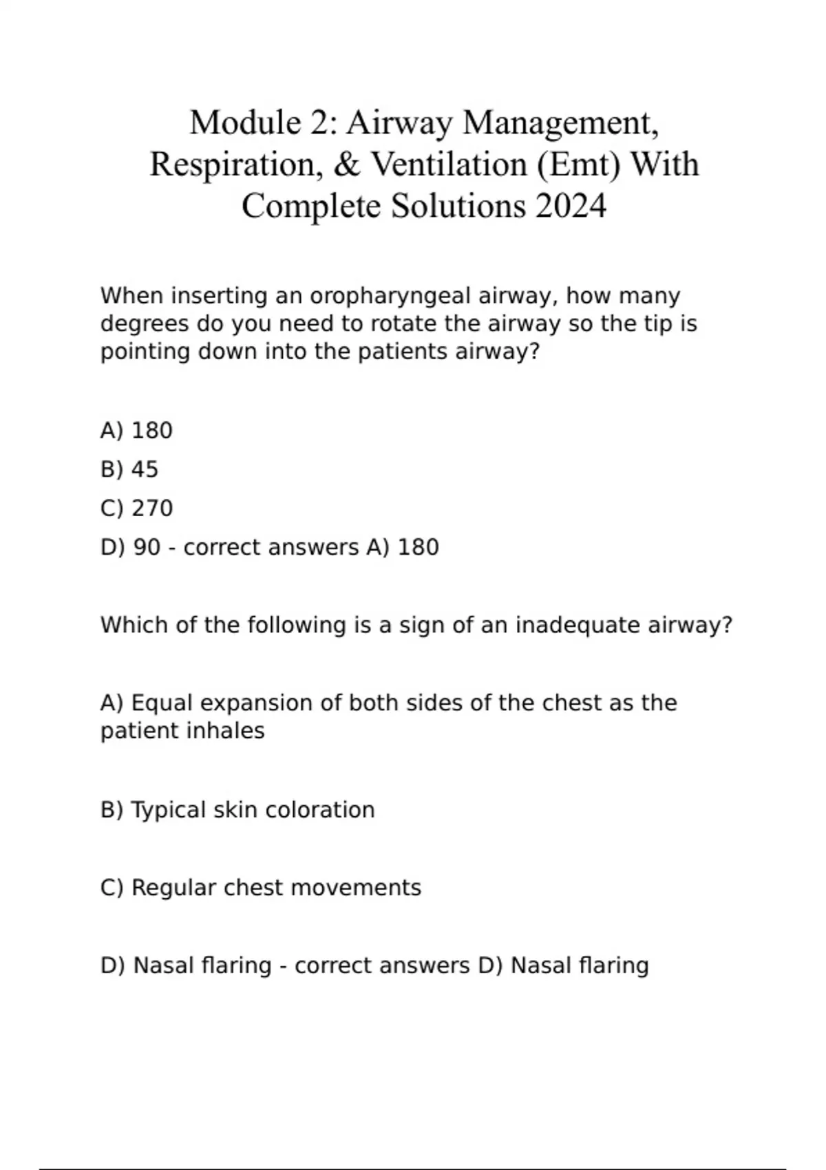 Module 2 Airway Management, Respiration, & Ventilation (Emt) With Complete Solutions 2024 ...