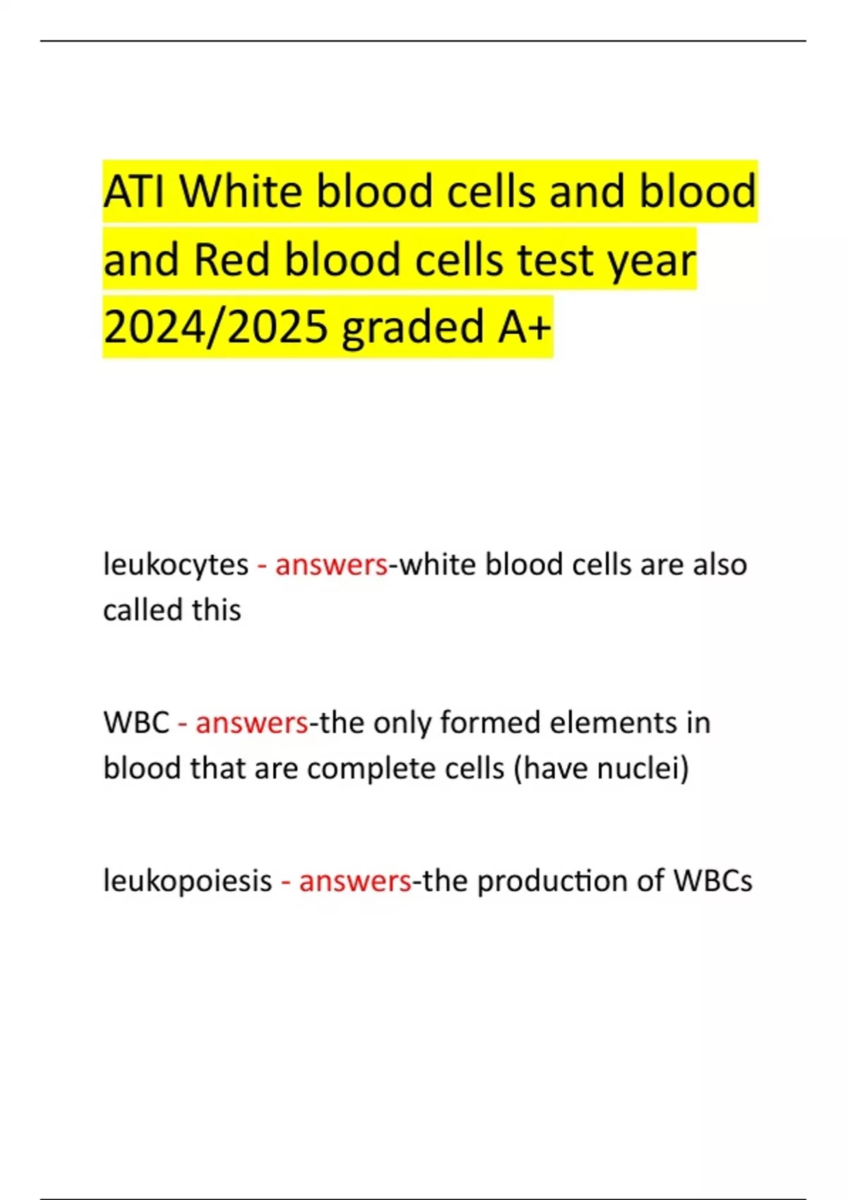 ATI White blood cells and blood and Red blood cells test year 2024/2025 ...