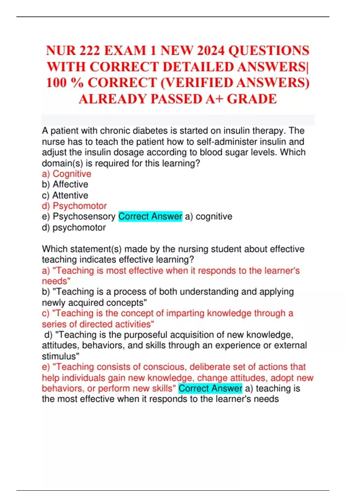 NUR 222 EXAM 1 NEW 2024 QUESTIONS WITH CORRECT DETAILED ANSWERS| 100 % ...
