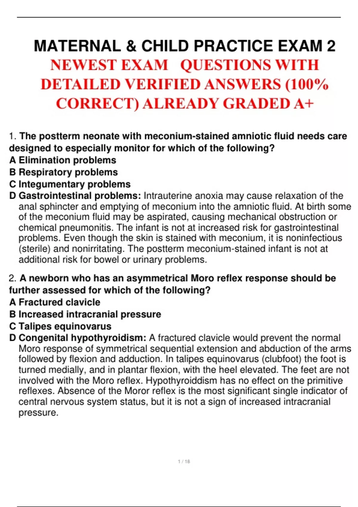 ATI MATERNAL & CHILD PRACTICE EXAM 2 NEWEST EXAM 50 QUESTIONS WITH DETAILED VERIFIED ANSWERS ...