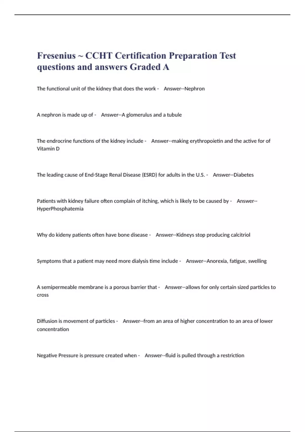 Fresenius ~ CCHT Certification Preparation Test questions and answers ...