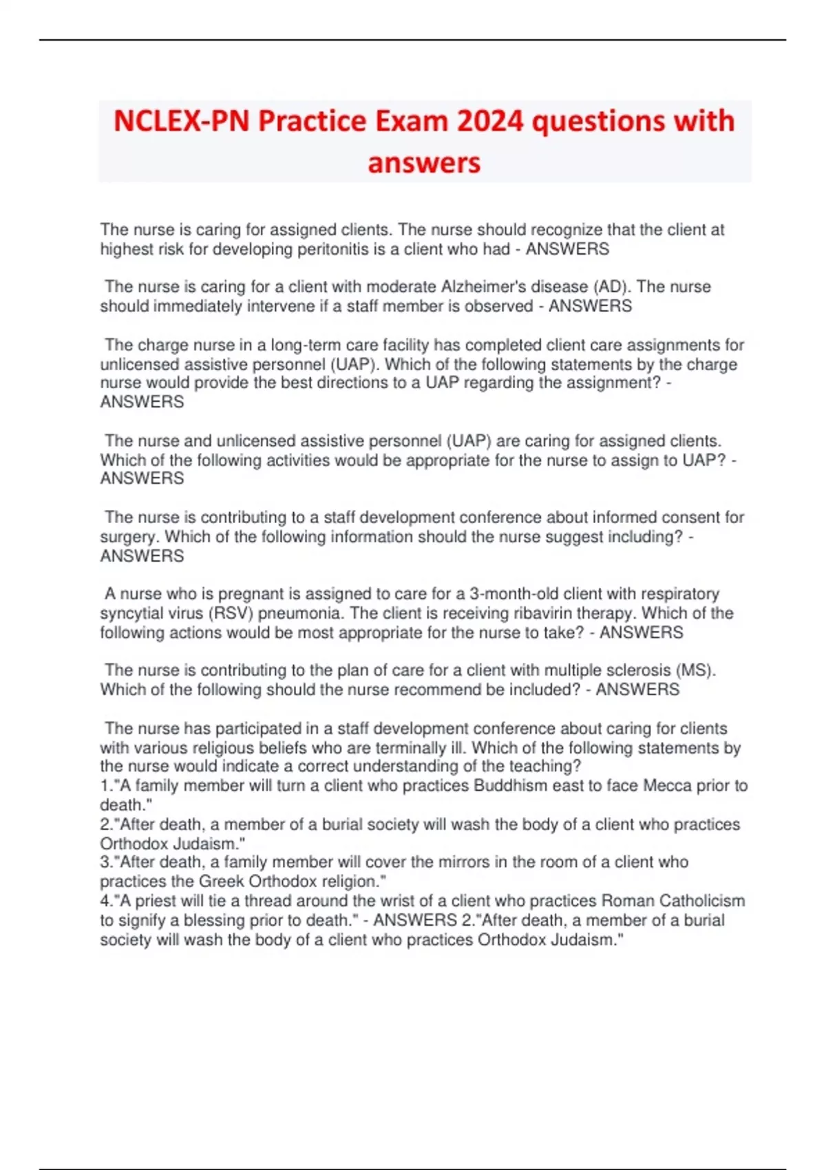 NCLEX-PN Practice Exam 2024 questions with answers - NCLEX-PN - Stuvia US