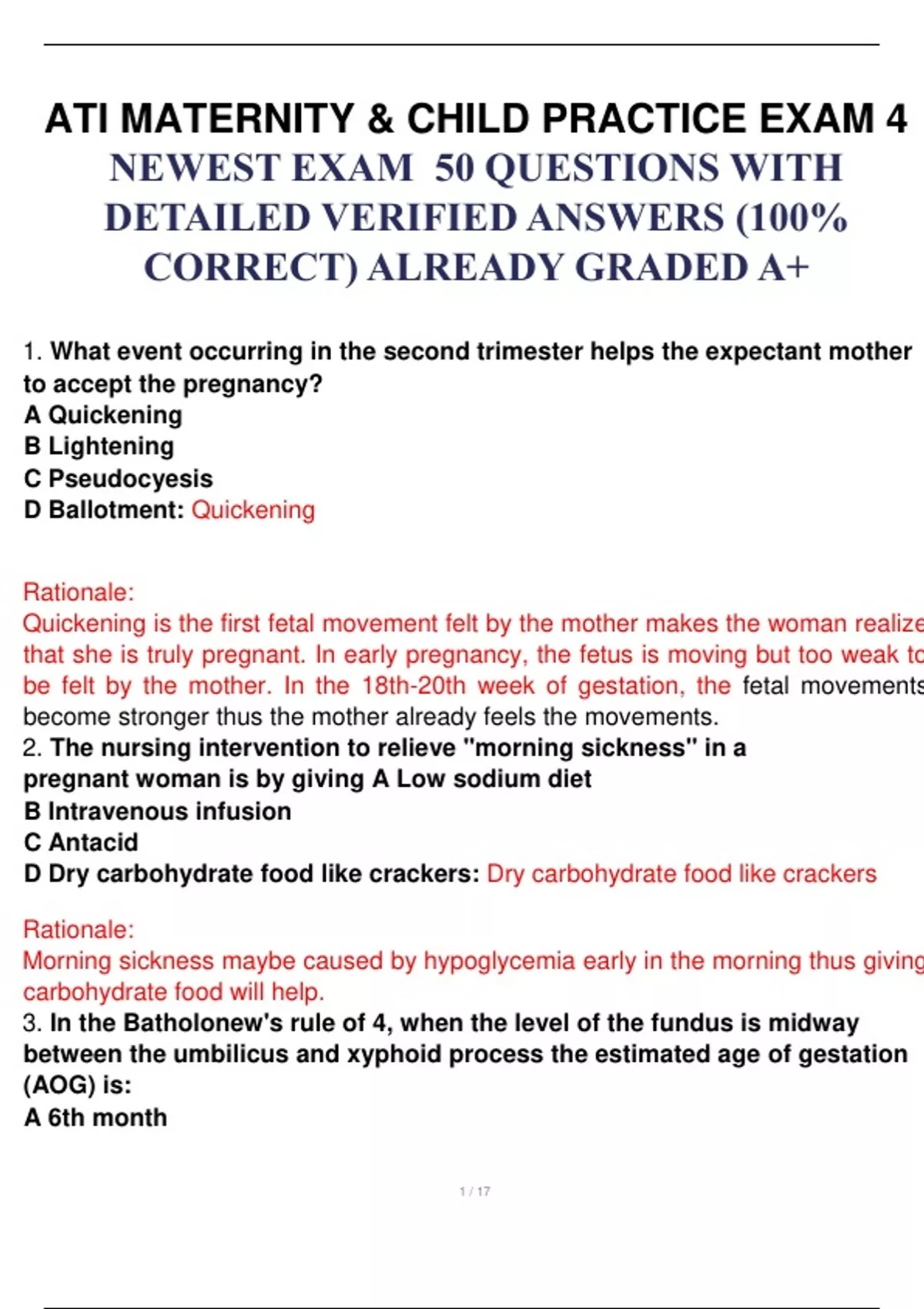 ATI MATERNAL & CHILD PRACTICE EXAM 4 NEWEST EXAM 50 QUESTIONS WITH DETAILED VERIFIED NEWEST EXAM ...