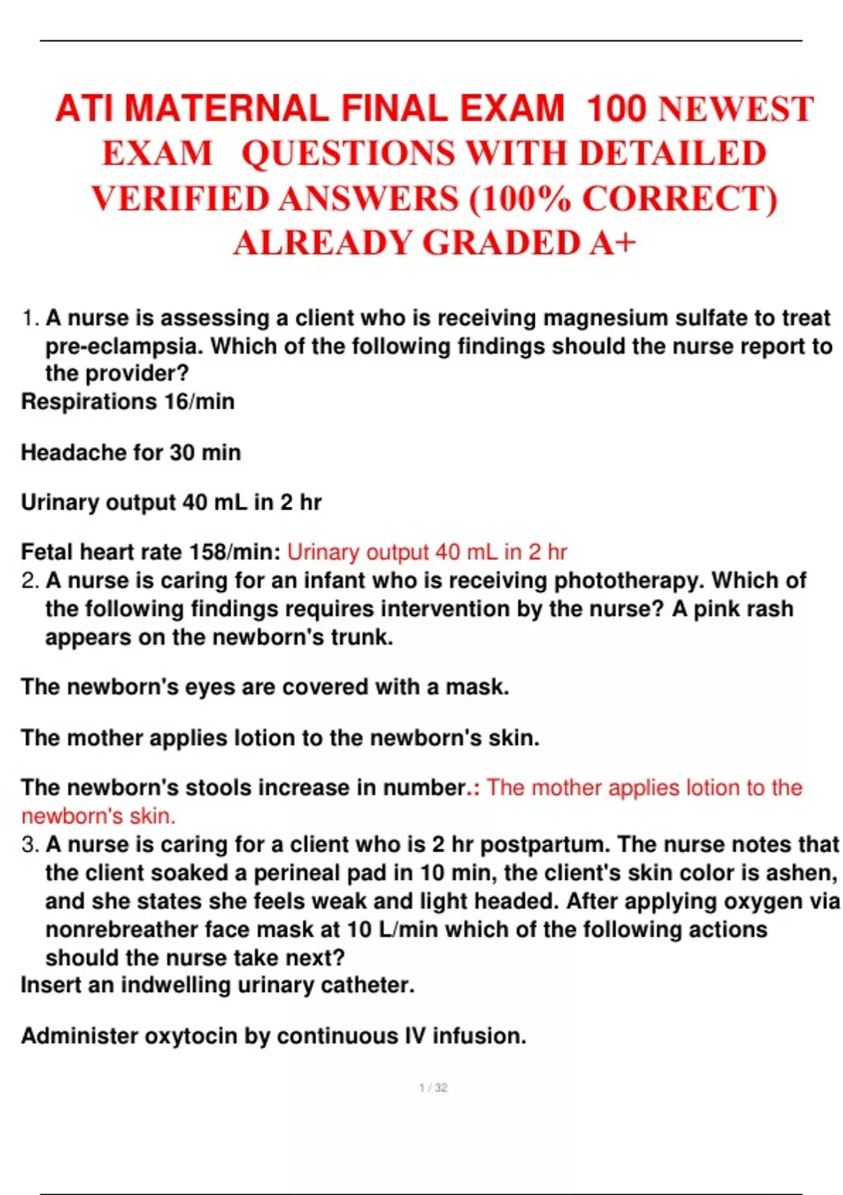 ATI MATERNAL FINAL EXAM 100 NEWEST EXAM QUESTIONS WITH DETAILED ...