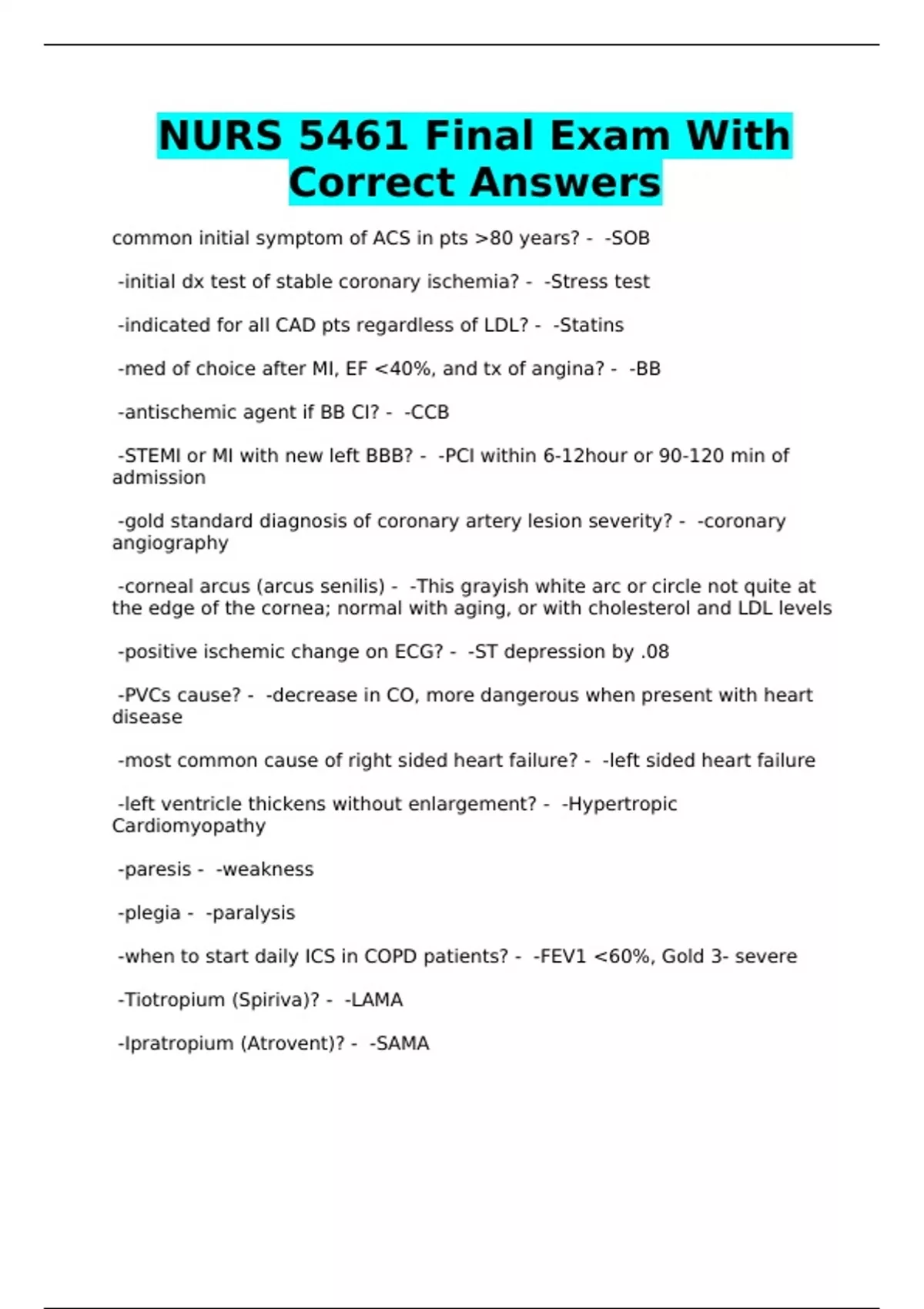 NURS 5461 Final Exam With Correct Answers - NURS 5461 - Stuvia US