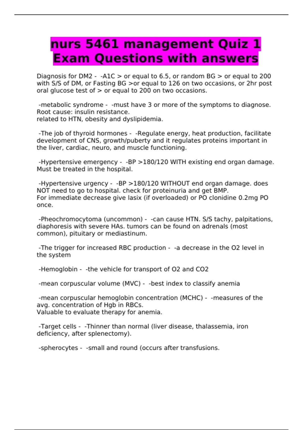 nurs 5461 management Quiz 1 Exam Questions with answers - Nurs 5461 management - Stuvia US