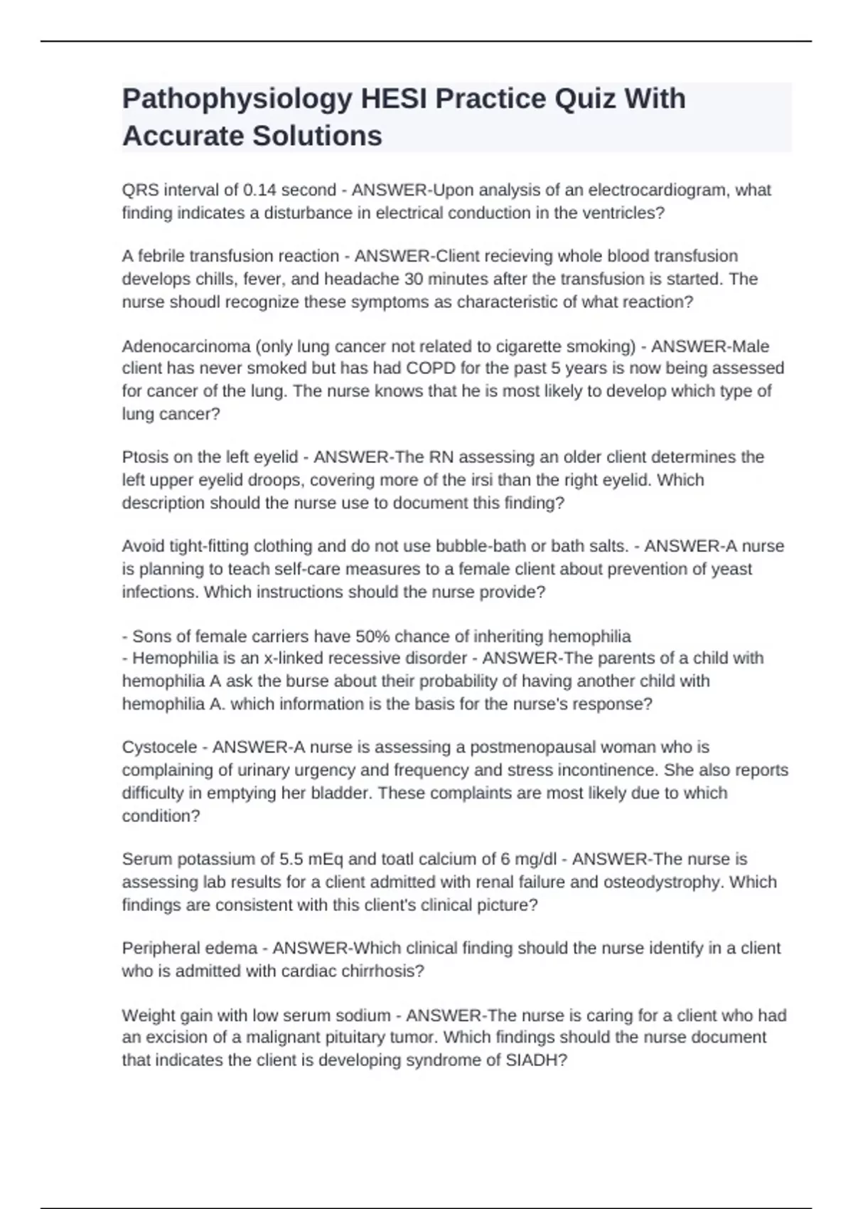 Pathophysiology HESI Practice Quiz With Accurate SolutionsPathophysiology HESI Practice Quiz ...