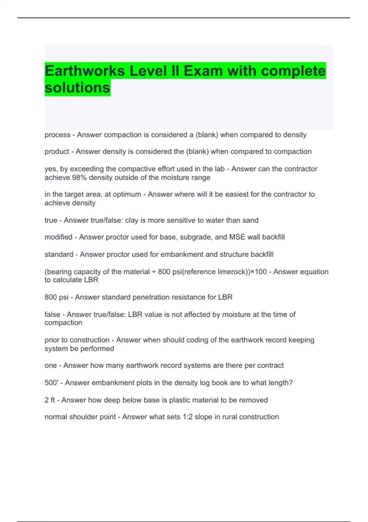 Earthworks Level II Exam with complete solutions - FDOT Earthwork ...