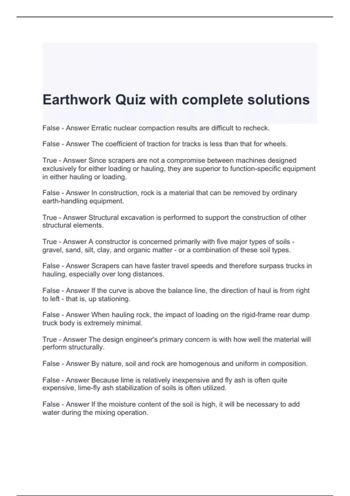 Earthwork Quiz with complete solutions - FDOT Earthwork - Stuvia US
