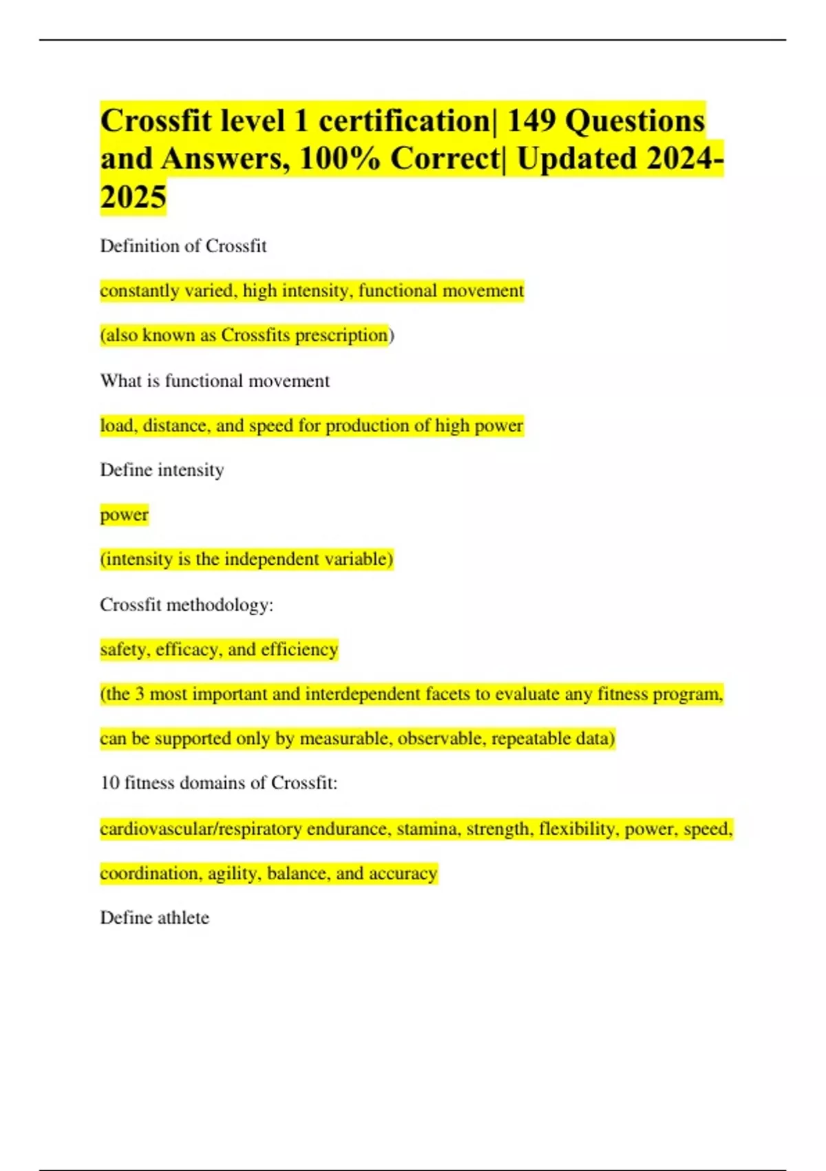 Crossfit level 1 certification| 149 Questions and Answers, 100% Correct ...