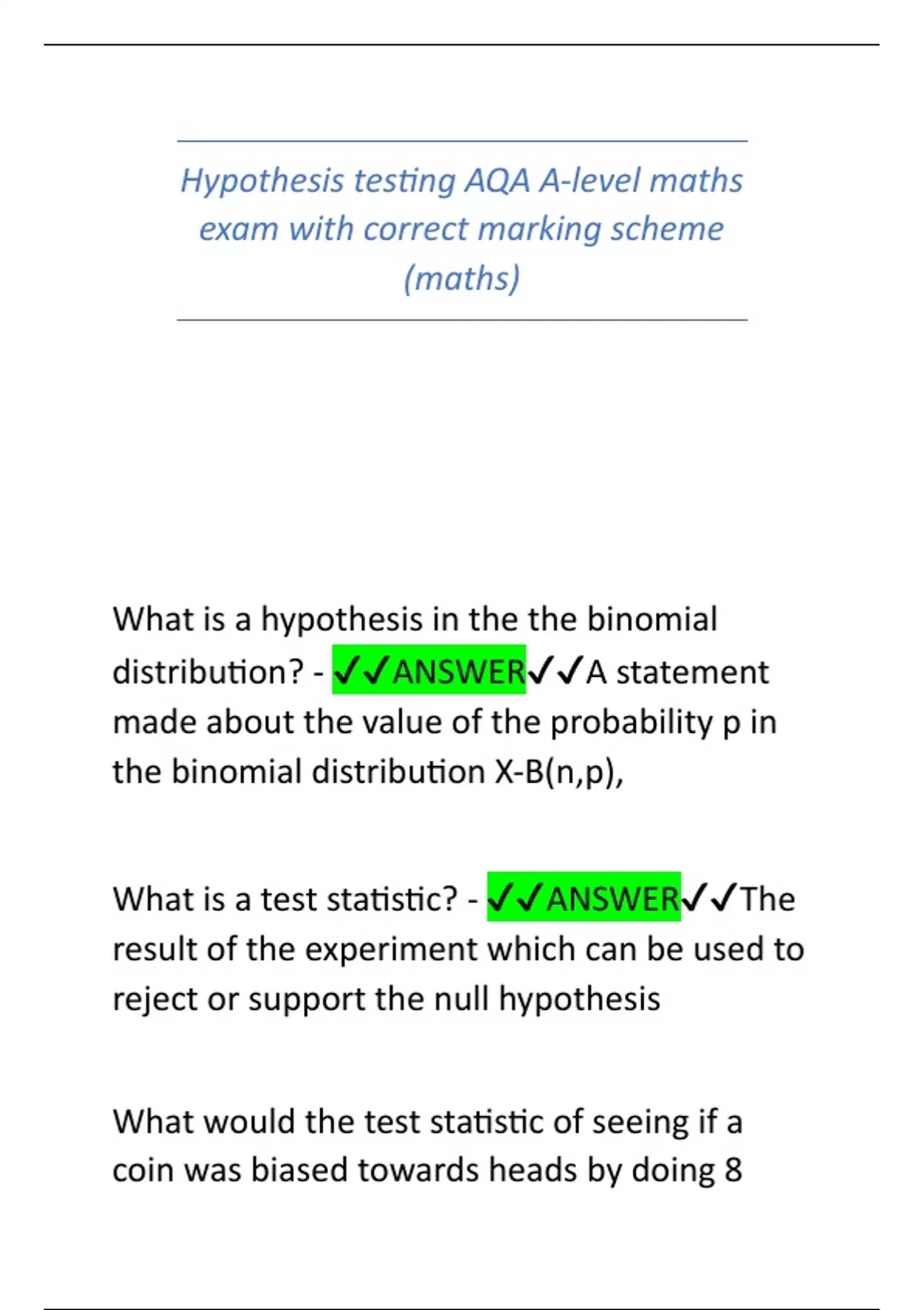 Hypothesis Testing Aqa A Level Maths Exam With Correct Marking Scheme 9643