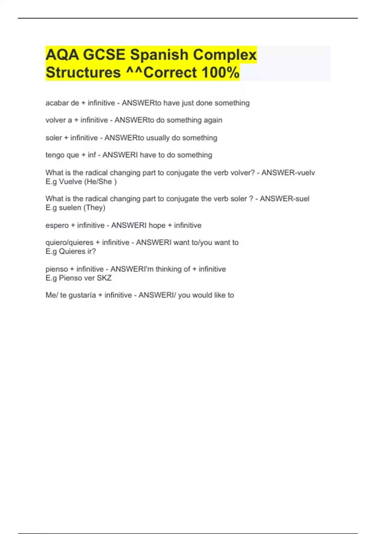 AQA GCSE Spanish Complex Structures ^^Correct 100% - AQA GCSE Spanish ...