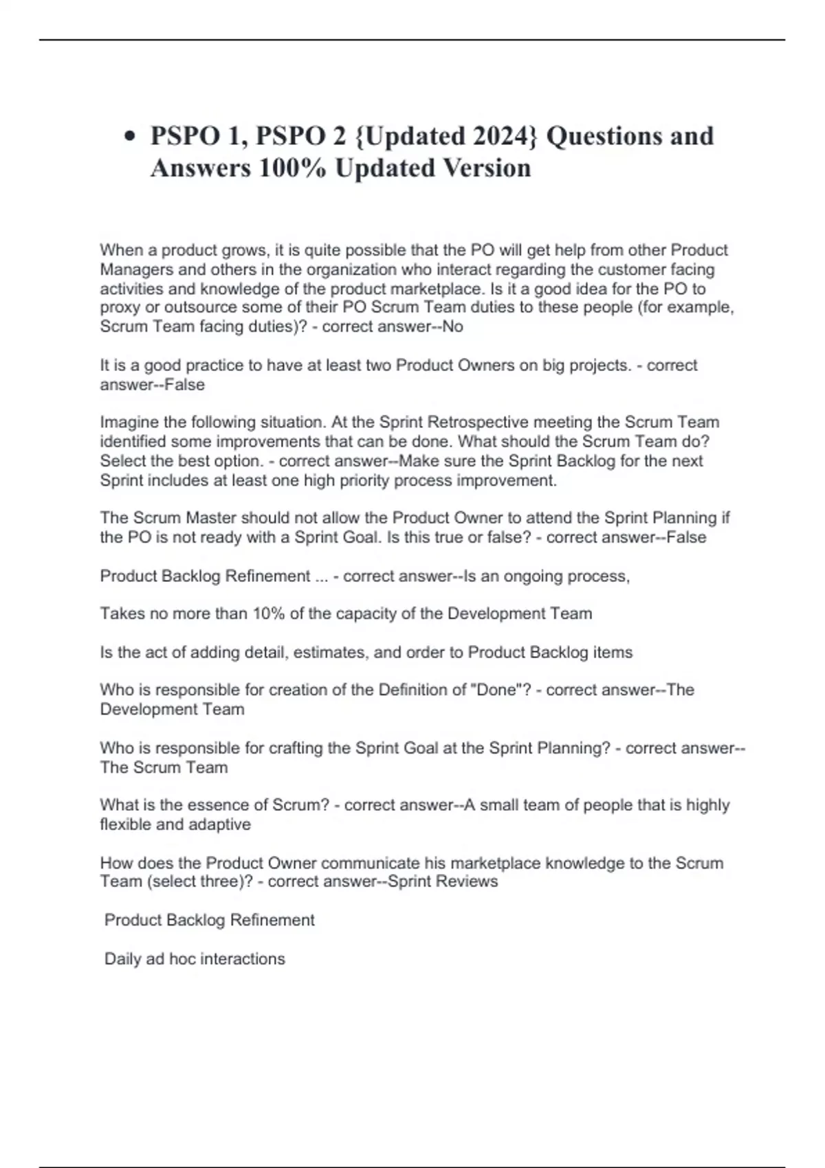 PSPO 1, PSPO 2 {Updated 2024} Questions and Answers 100% Updated Version - PSPO I - Stuvia US