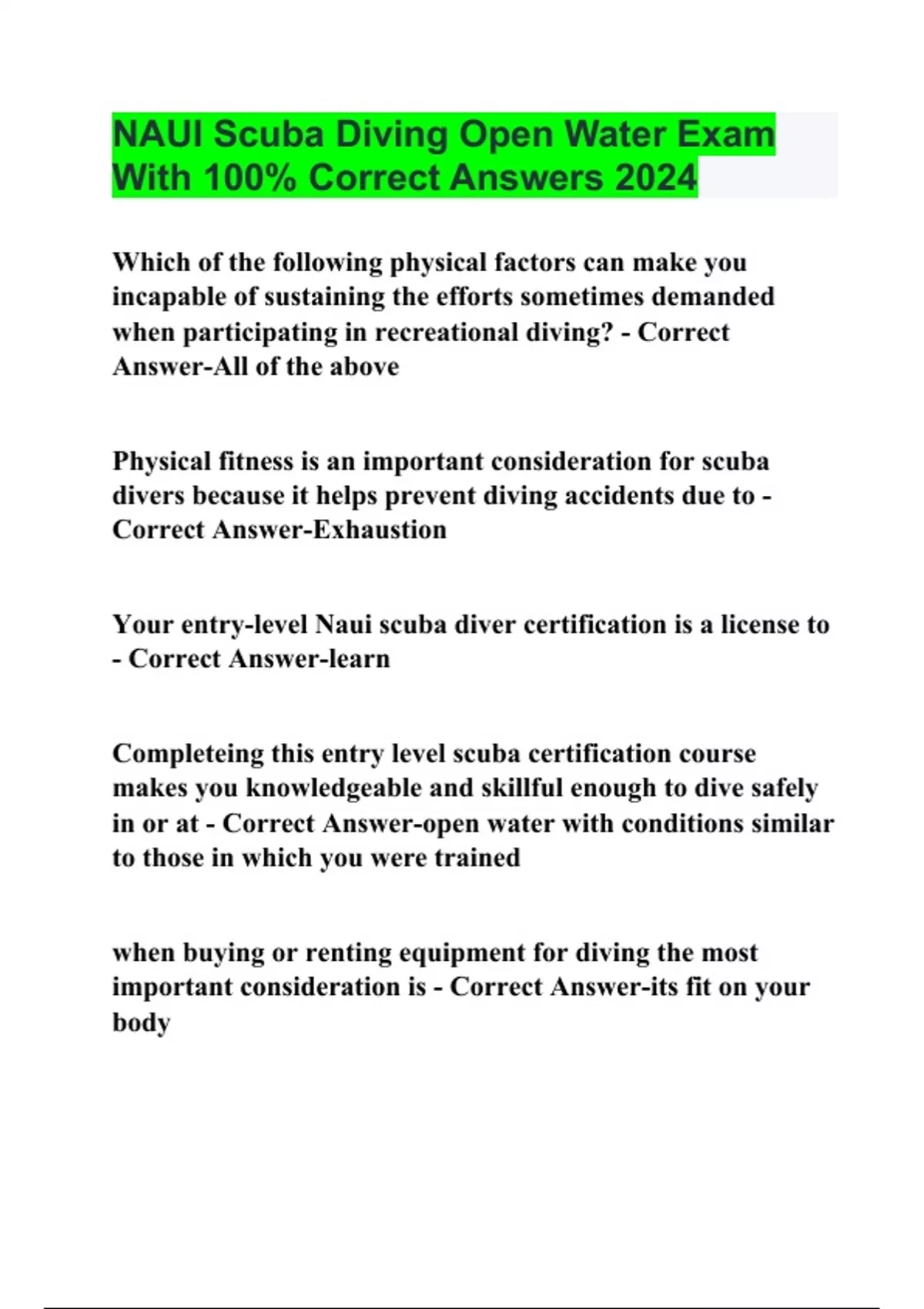 NAUI Scuba Diving Open Water Exam With 100% Correct Answers 2024 - Naui ...