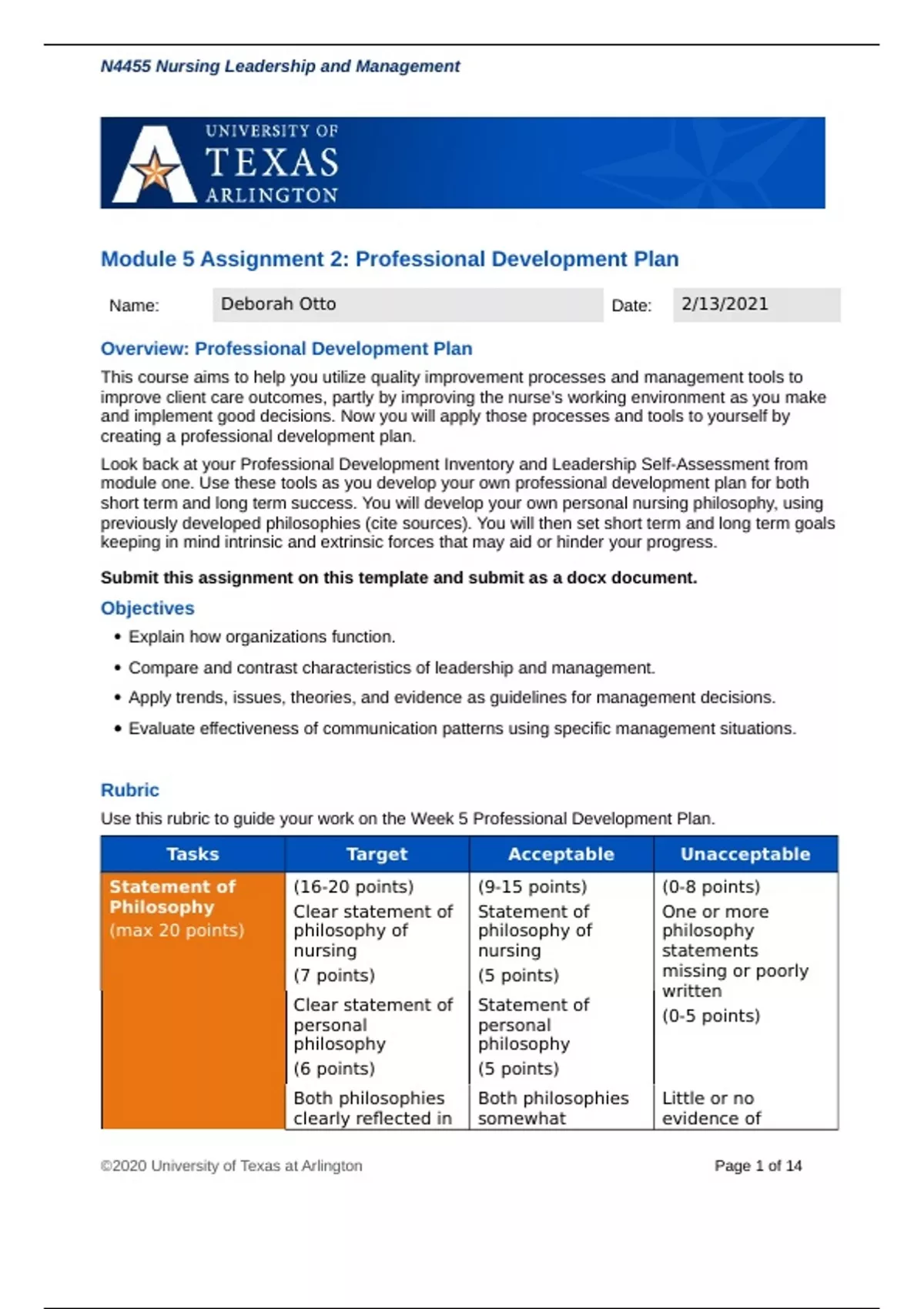 NURS 4455 Module 5 Assignment 2: Professional Development Plan UTA ...