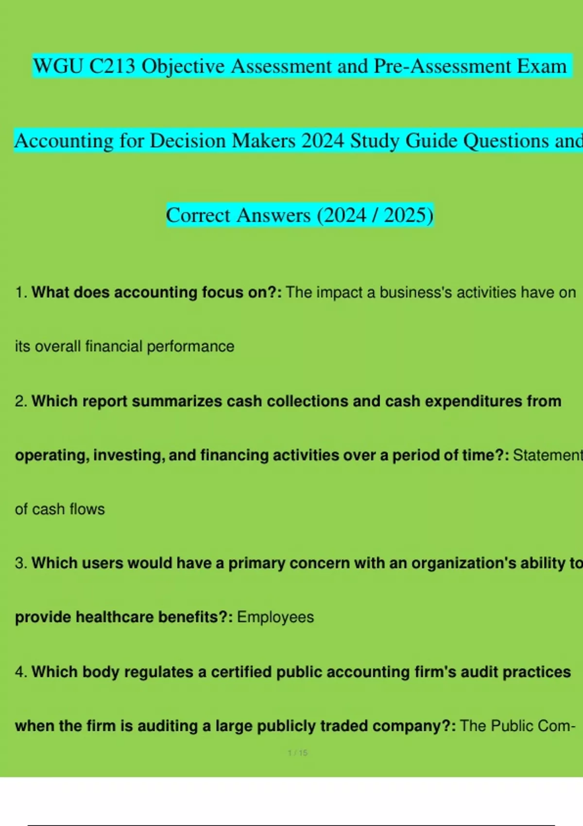 WGU C213 Objective Assessment and Pre-Assessment Exam Accounting for ...