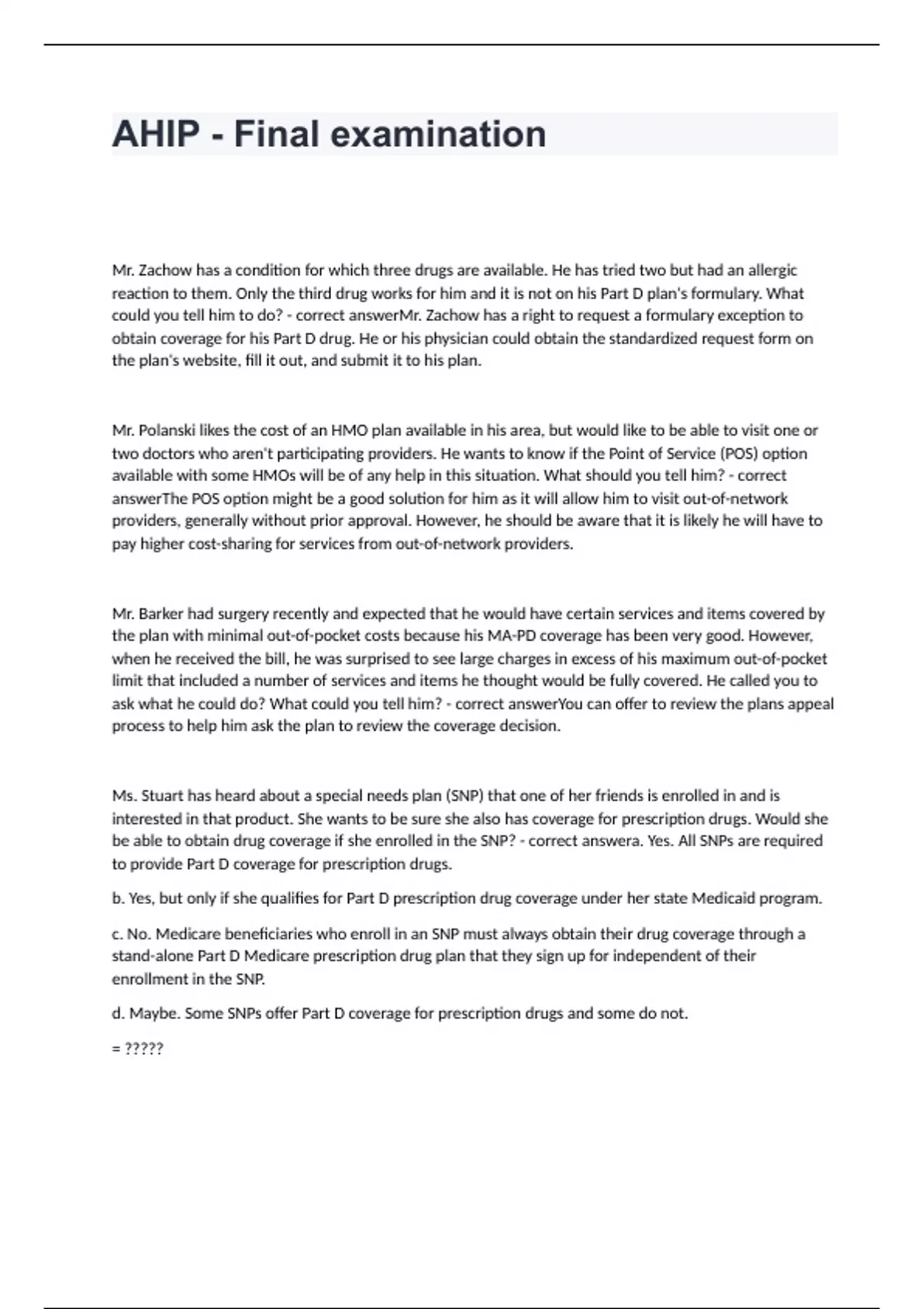 AHIP - Final examination questions and well revised answers 2024 - Ahip ...