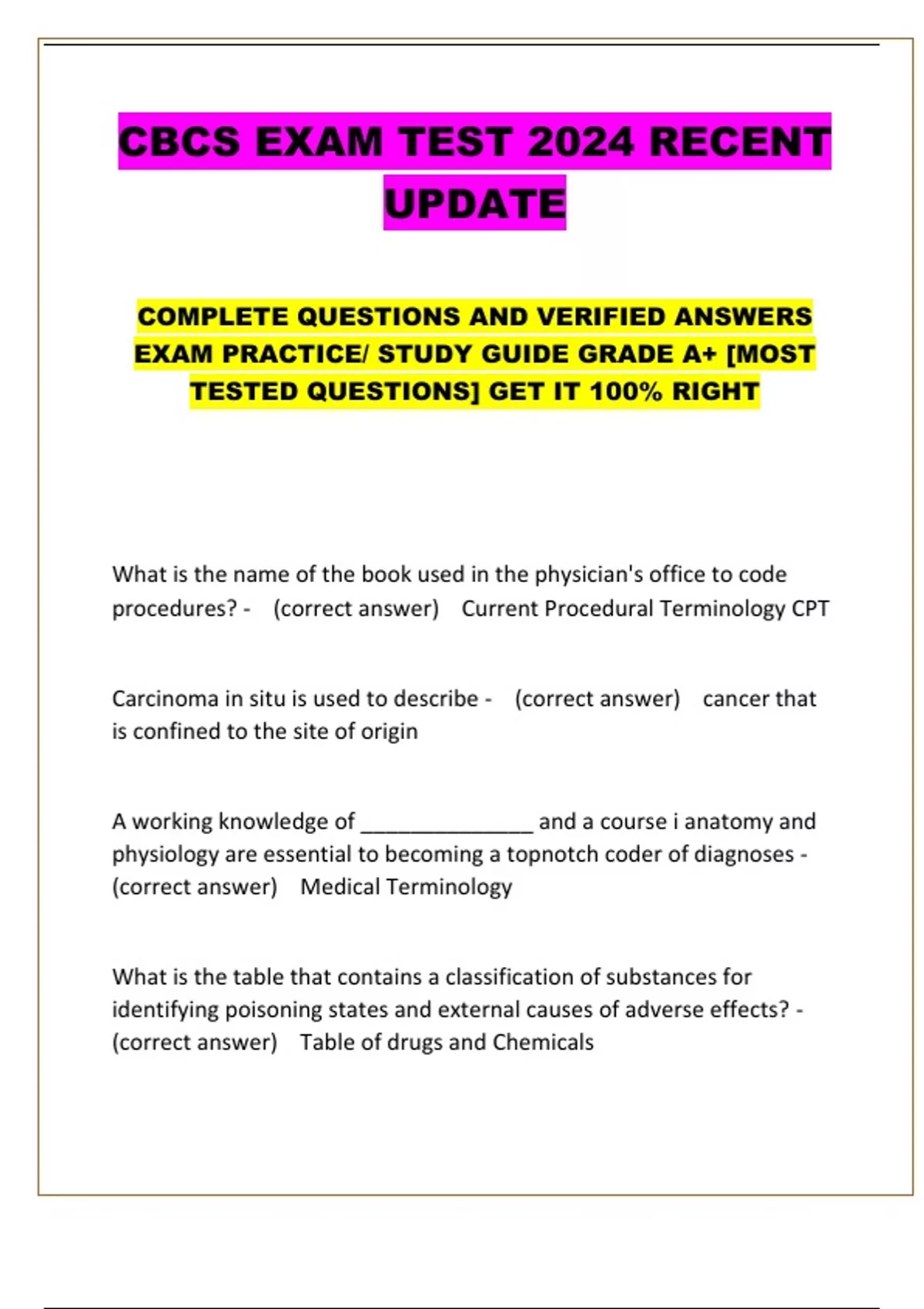 CBCS EXAM TEST 2024 RECENT UPDATE COMPLETE QUESTIONS AND VERIFIED ...