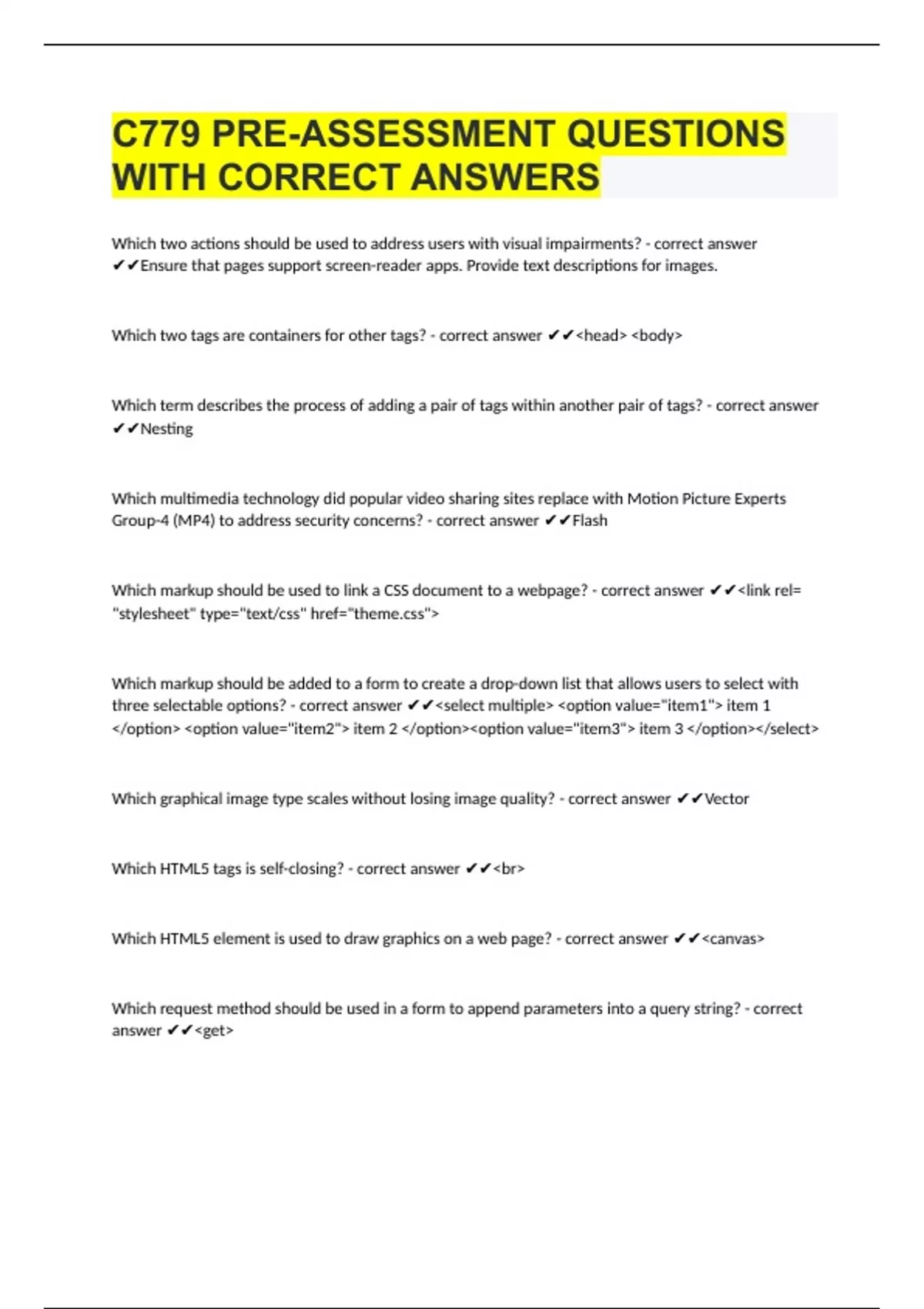 C779 PRE-ASSESSMENT QUESTIONS WITH CORRECT ANSWERS - C779 Pre ...