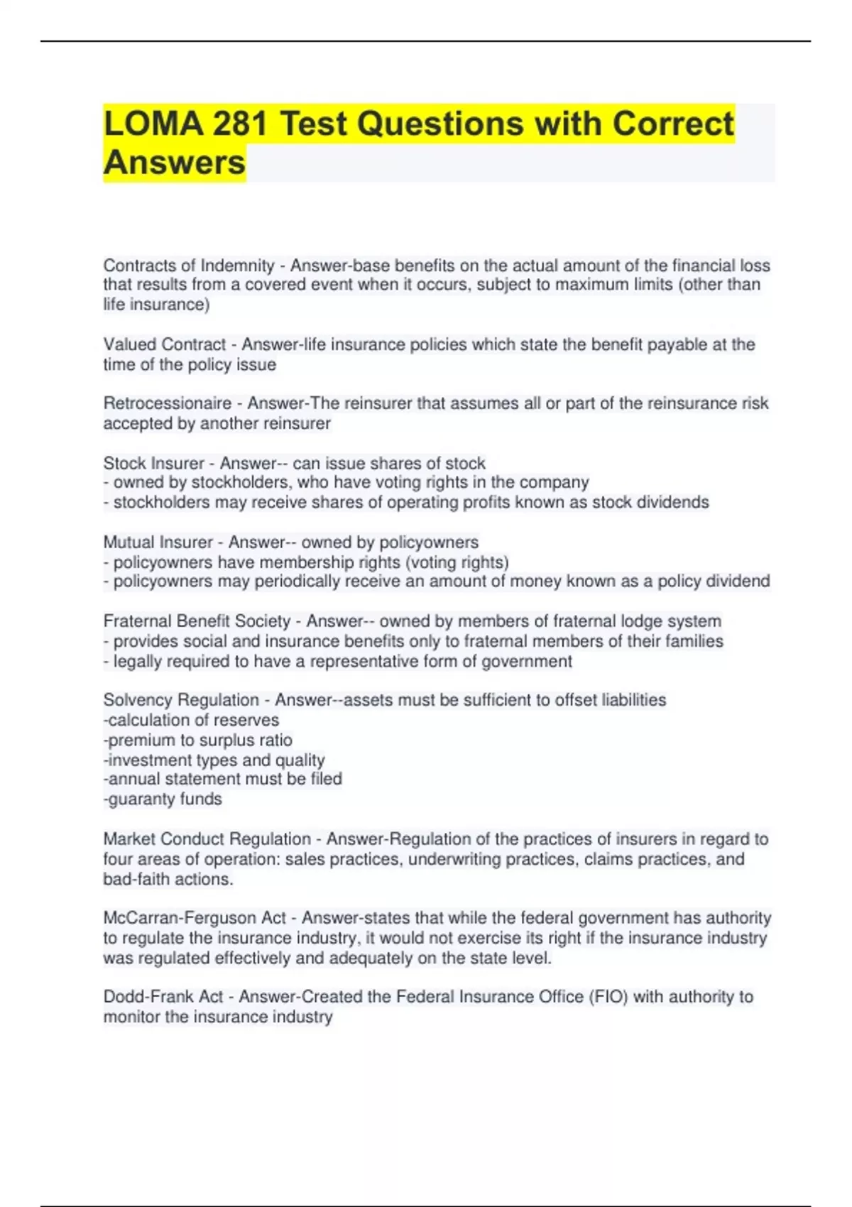 LOMA 281 Test Questions with Correct Answers - LOMA 281 - Stuvia US