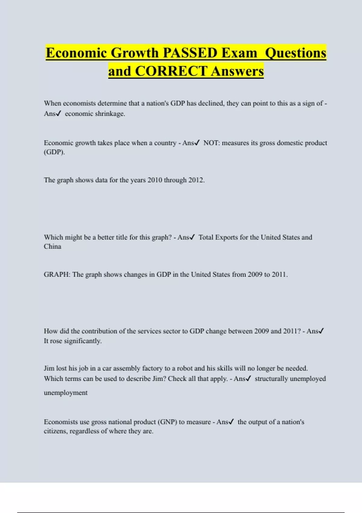 Economic Growth PASSED Exam Questions and CORRECT Answers - Economic ...