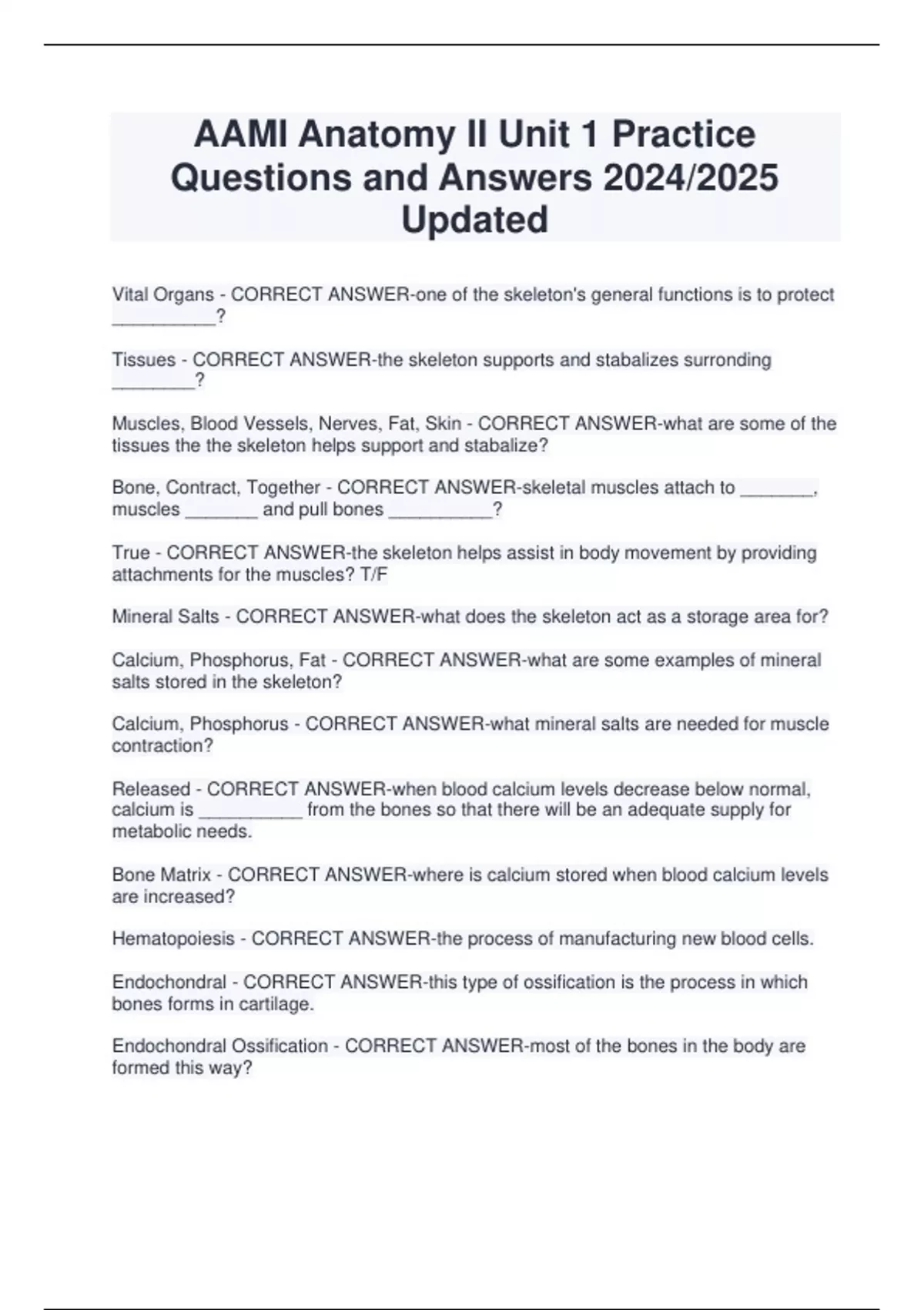 AAMI Anatomy II Unit 1 Practice Questions and Answers 2024/2025 Updated ...