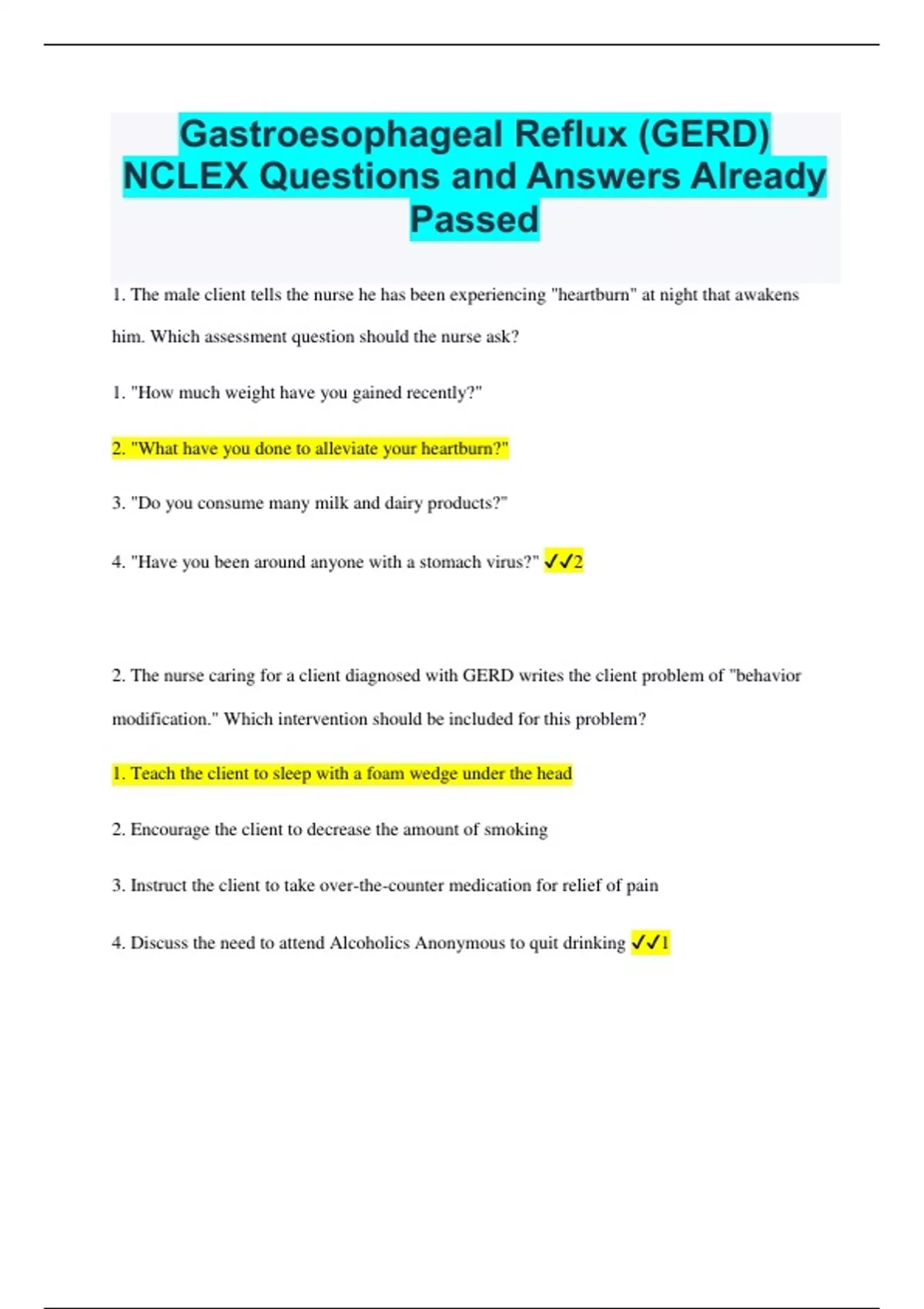 Gastroesophageal Reflux (GERD) NCLEX Questions and Answers Already Passed - Gastroesophageal ...
