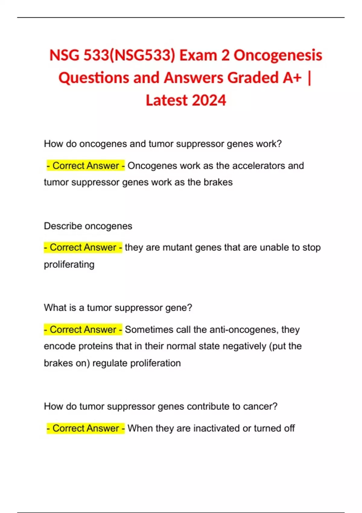 NSG 533(NSG533) Exam 2 Oncogenesis Questions and Answers Graded A+ ...