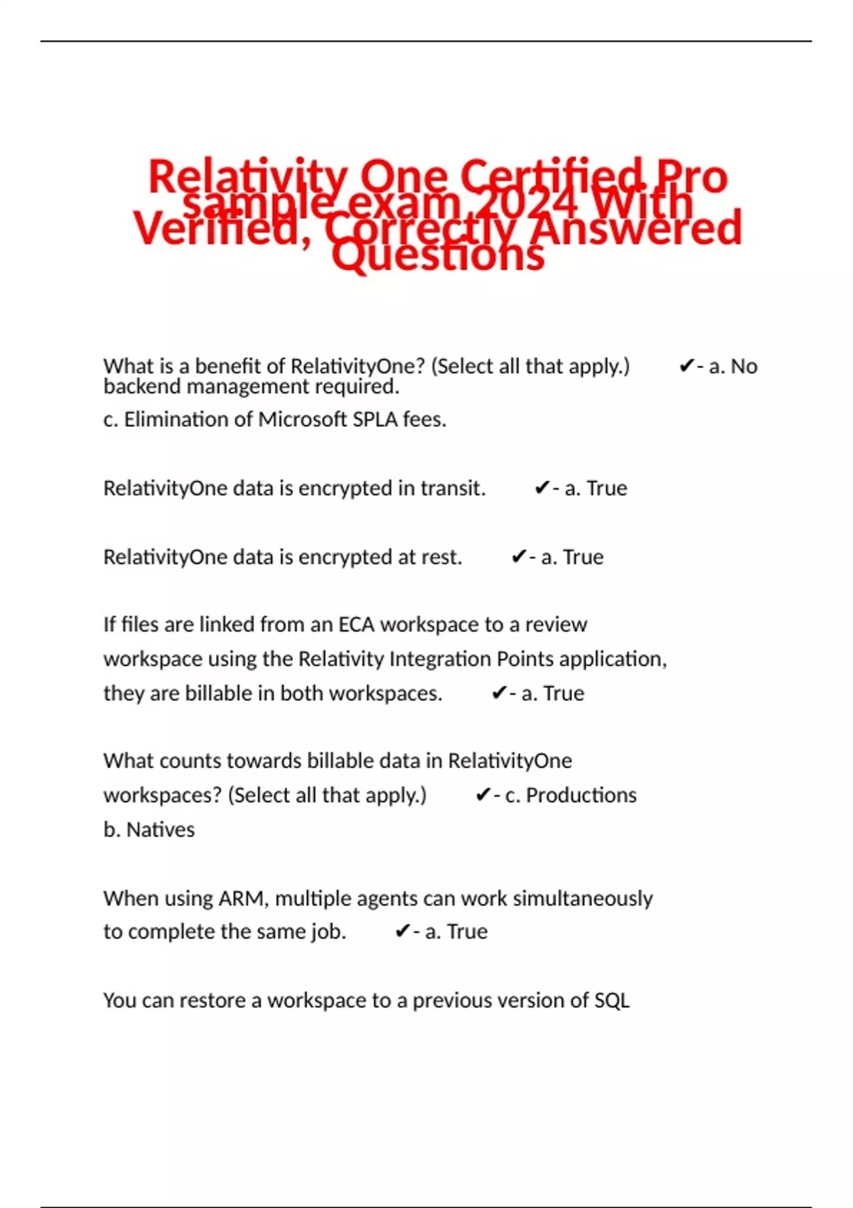 Relativity One Certified Pro sample exam 2024 With Verified, Correctly Answered Questions ...